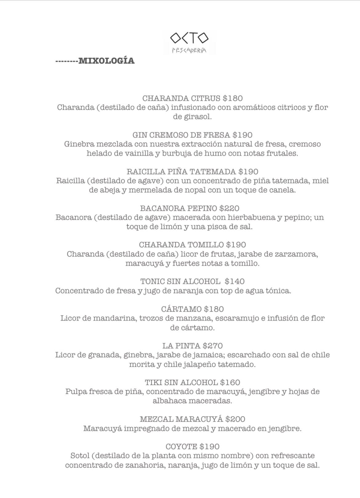 Carta de Octo Restaurante, Guadalajara