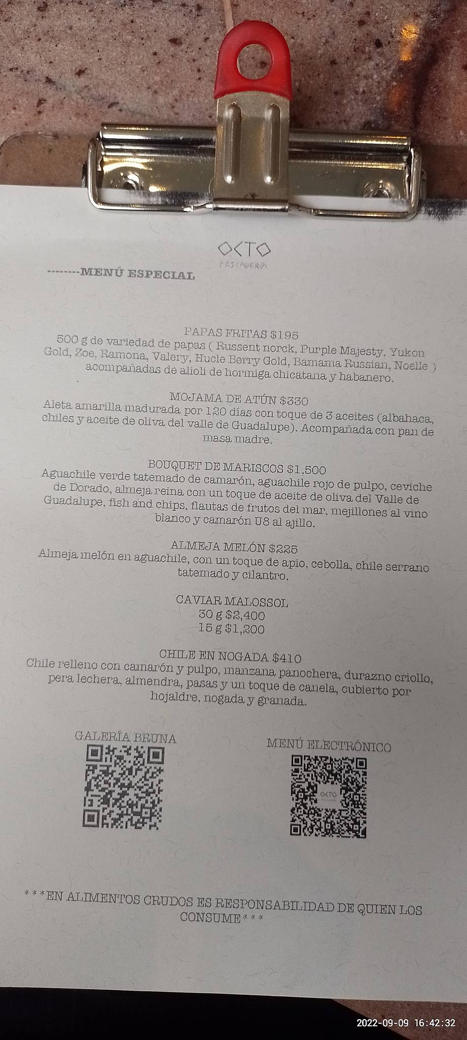 Carta de Octo Restaurante, Guadalajara