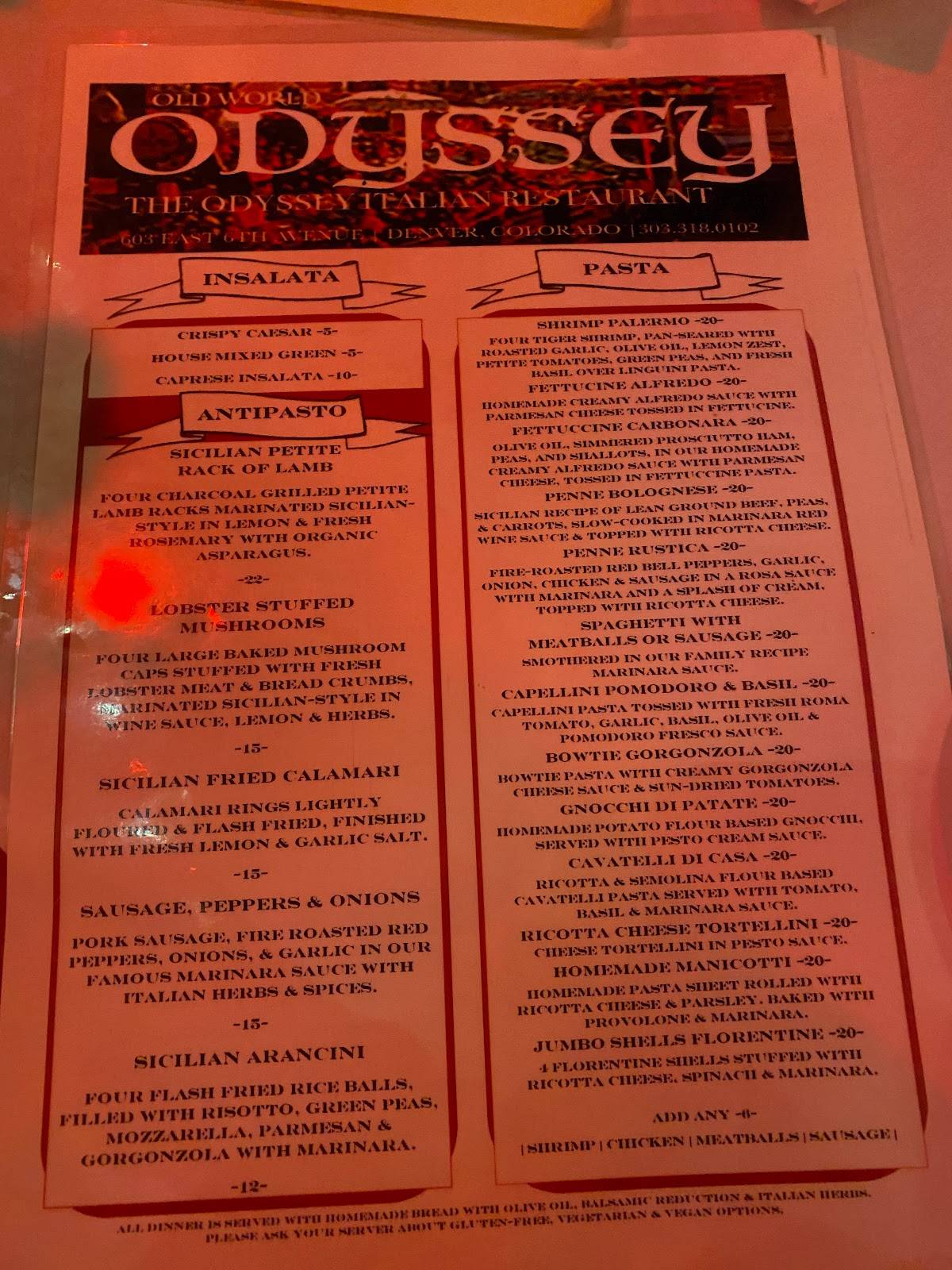 Menu at Odyssey Italian Restaurant, Denver, 603 E 6th Ave