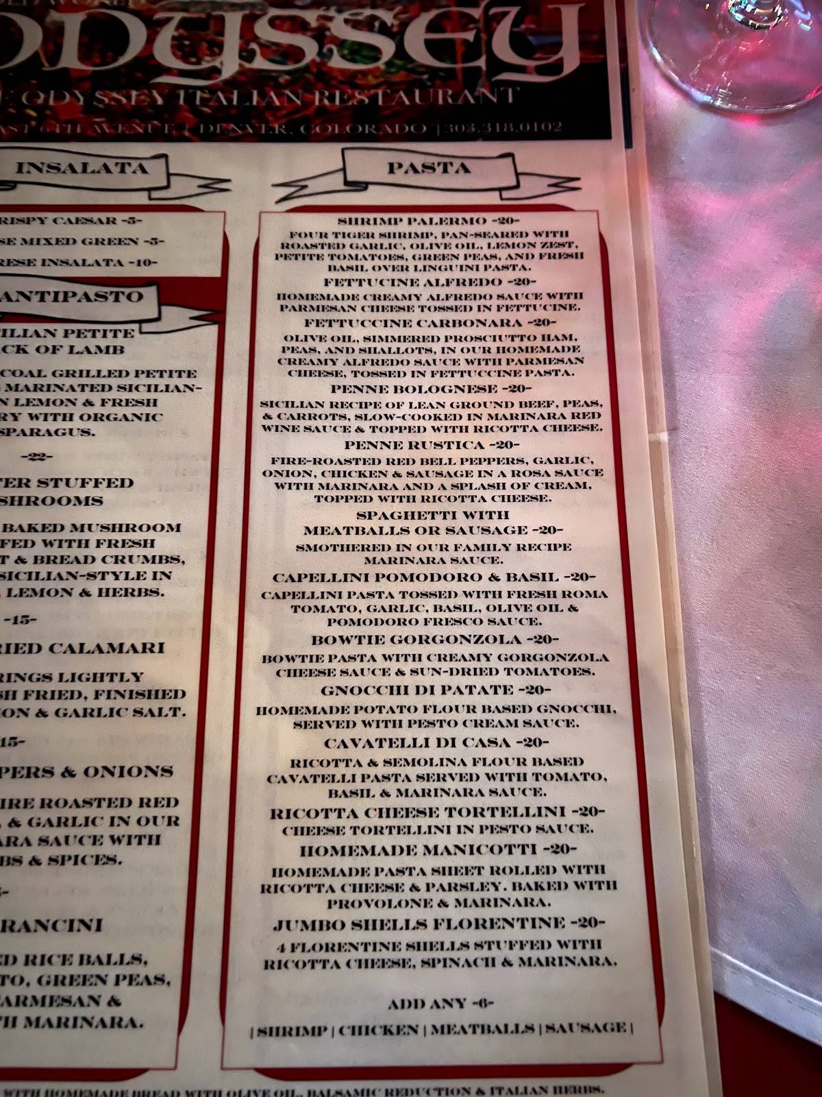 Menu at Odyssey Italian Restaurant, Denver, 603 E 6th Ave