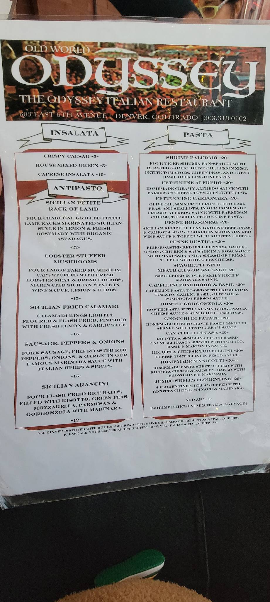 Menu at Odyssey Italian Restaurant, Denver, 603 E 6th Ave