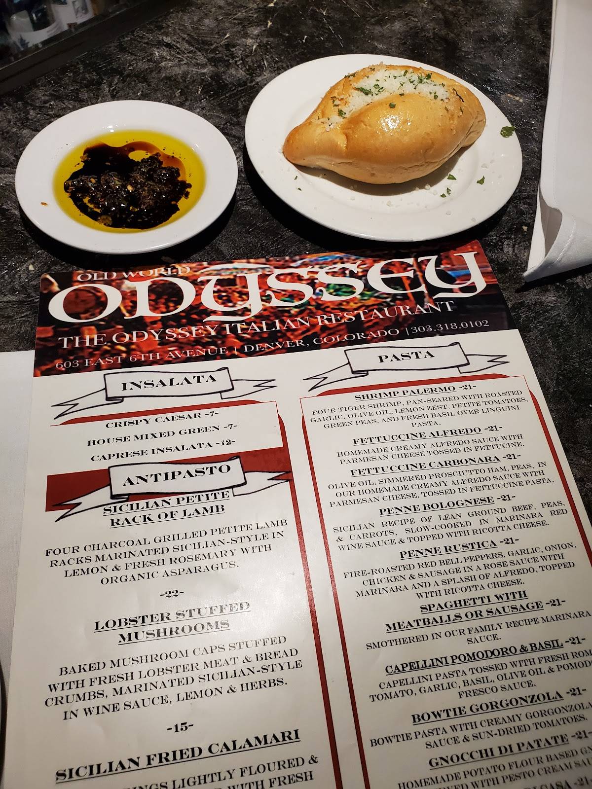 Menu at Odyssey Italian Restaurant, Denver, 603 E 6th Ave