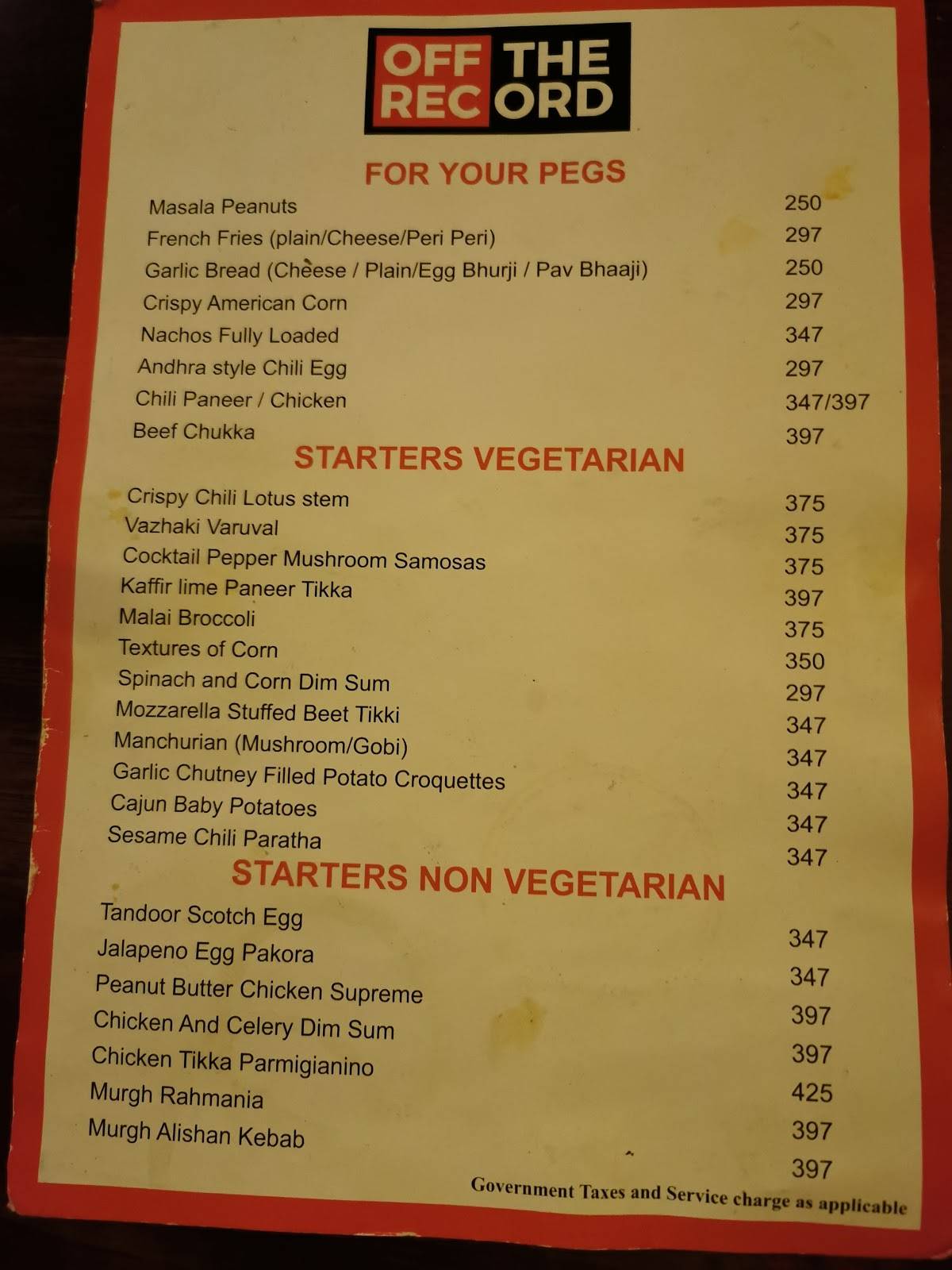 Menu at Off The Record, Chennai