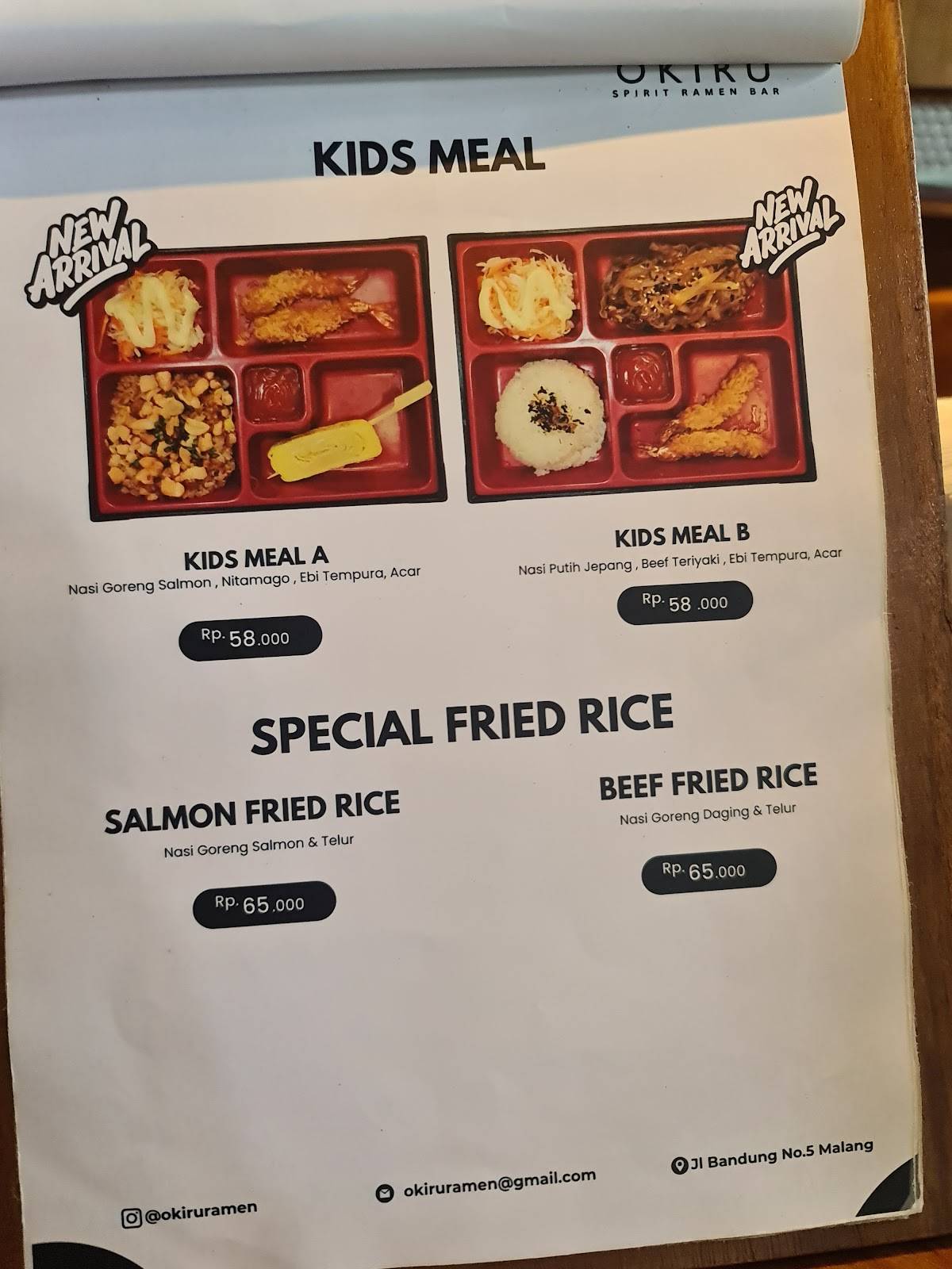 Carta del restaurante Okiru Ramen, Malang