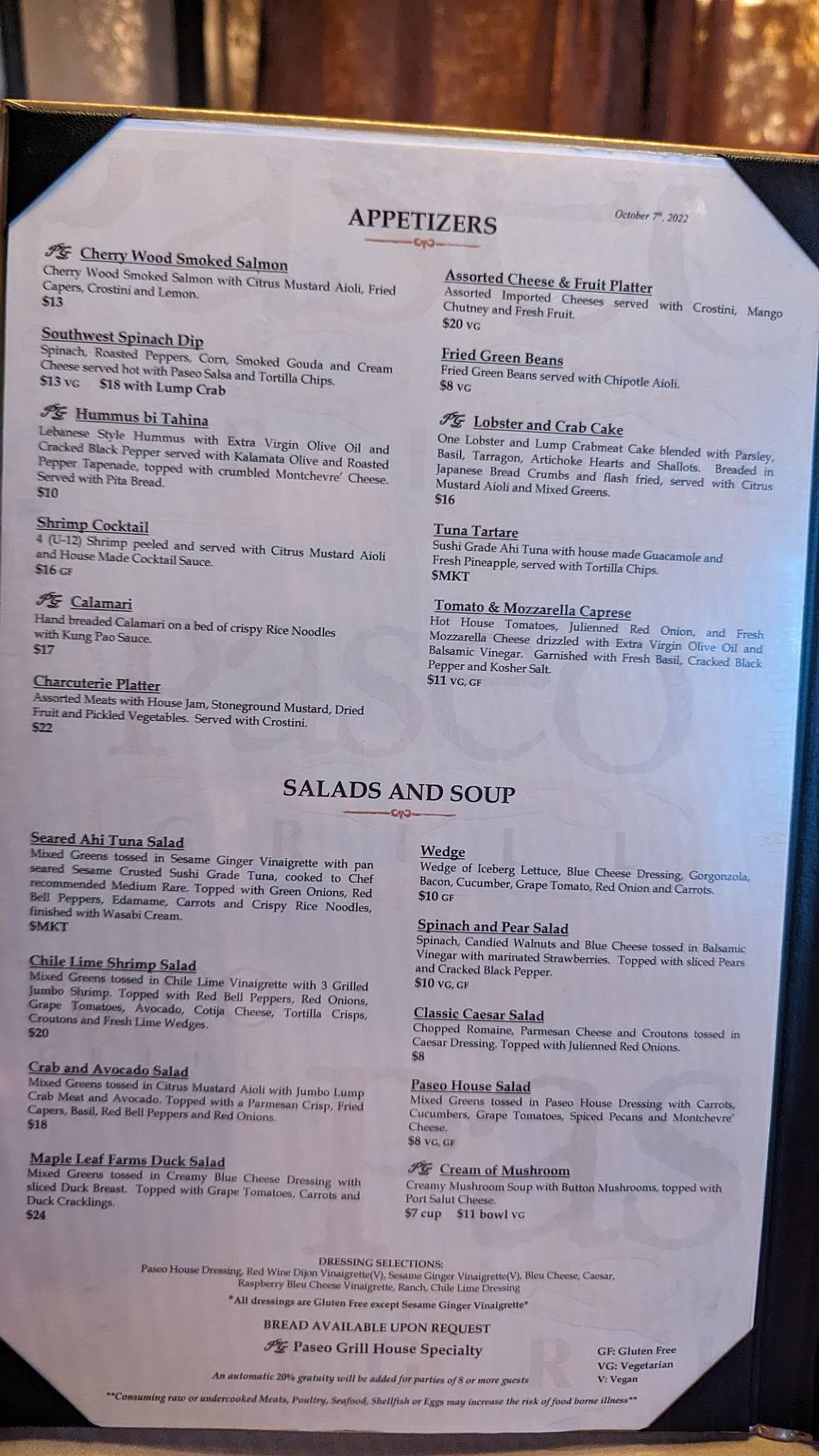 Menu at Paseo Grill restaurant, Oklahoma City