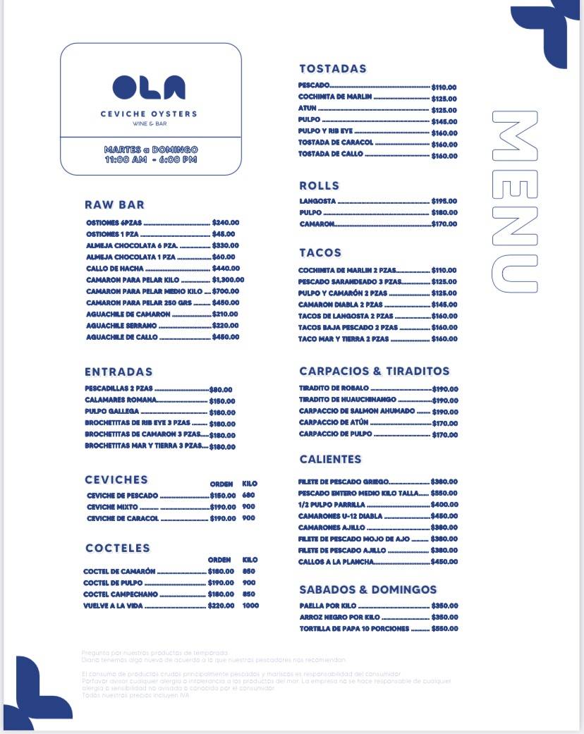 Menu at Ola Ceviche Oysters Wine & Bar, Naucalpan