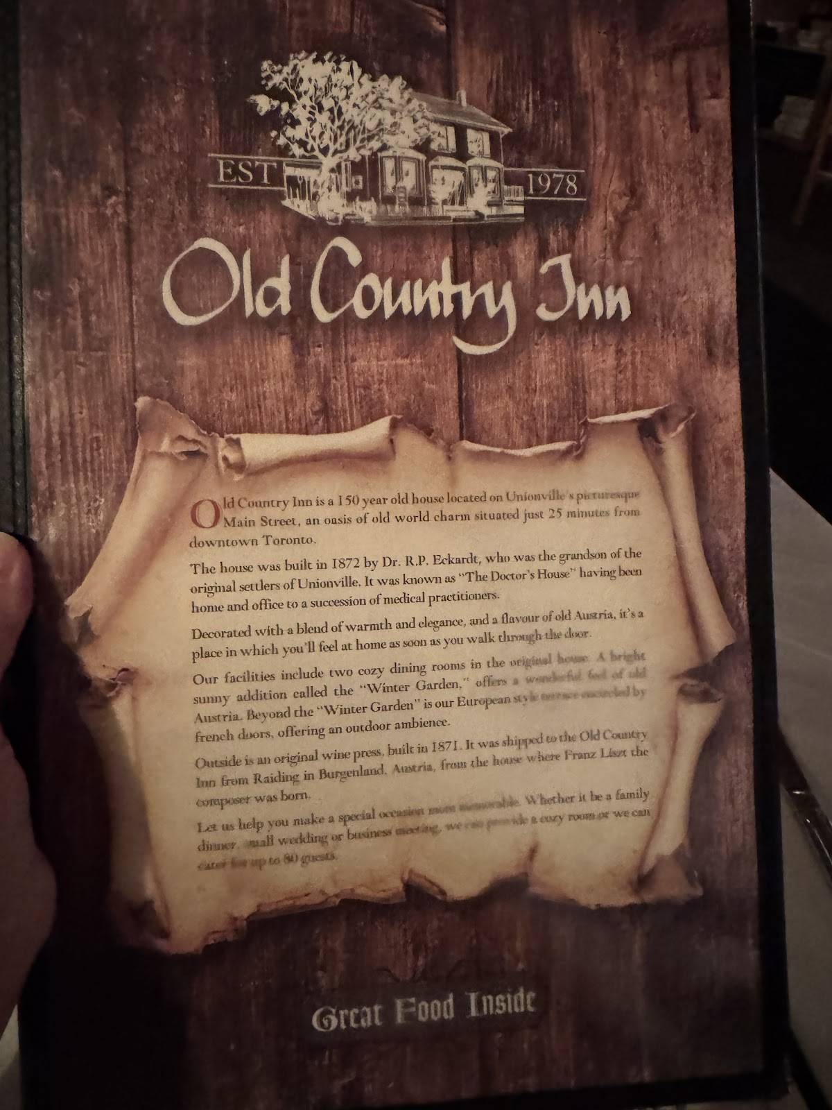 Menu at Old Country Inn restaurant, Markham