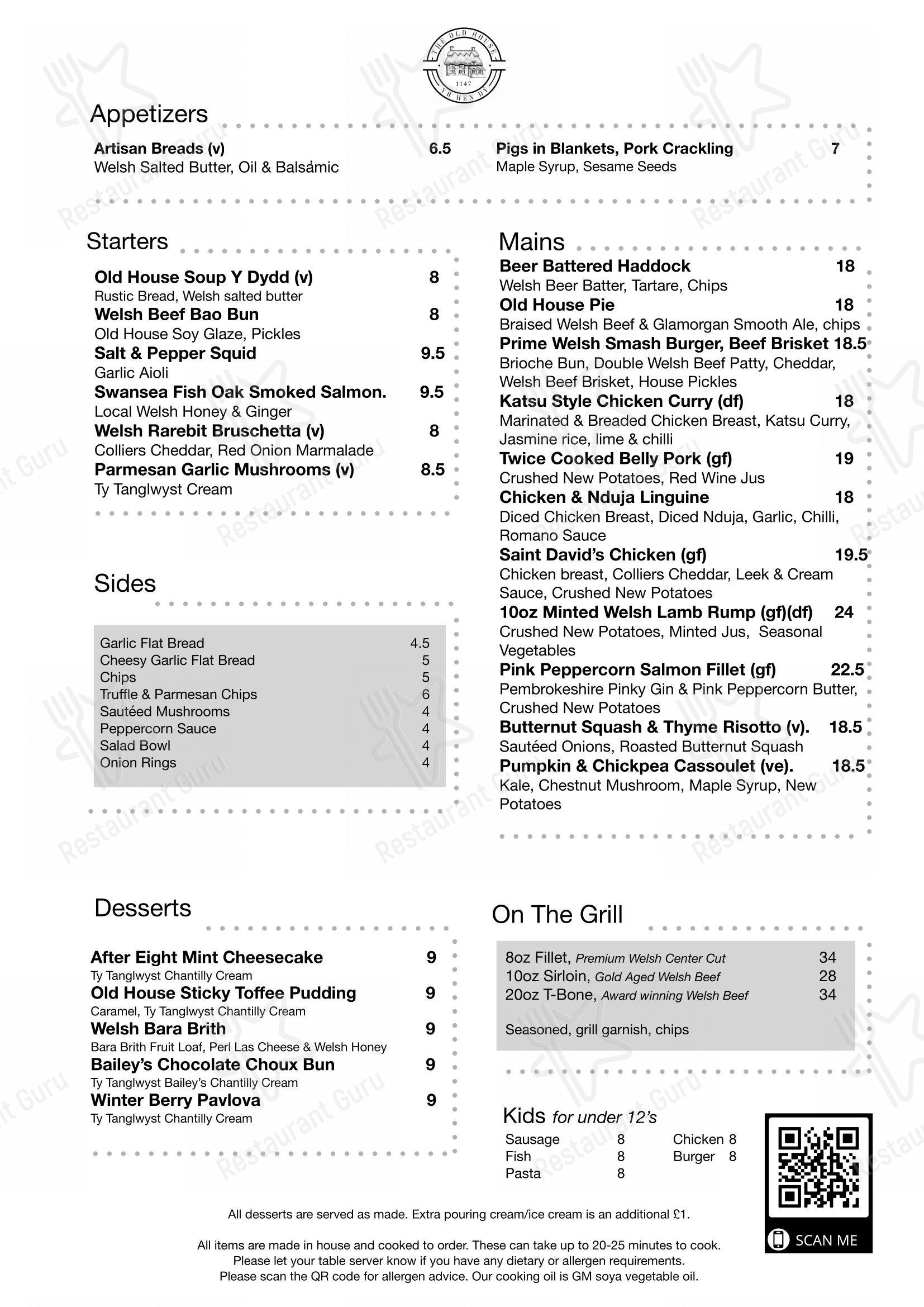 Menu at Old House pub & bar, Maesteg, Llangynwyd