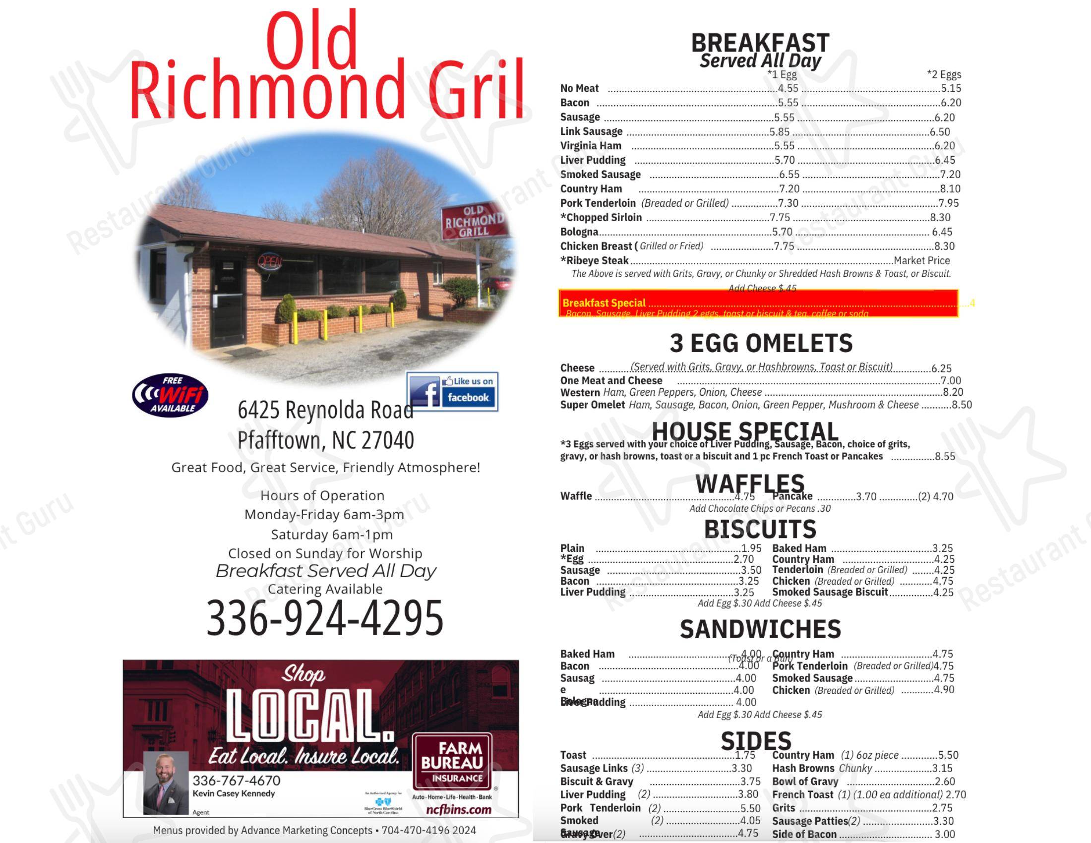 Menu at Old Richmond Grill restaurant, Pfafftown