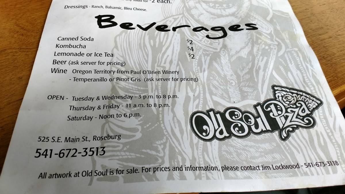Menu at Old Soul Pizza pizzeria, Roseburg, 525 SE Main St