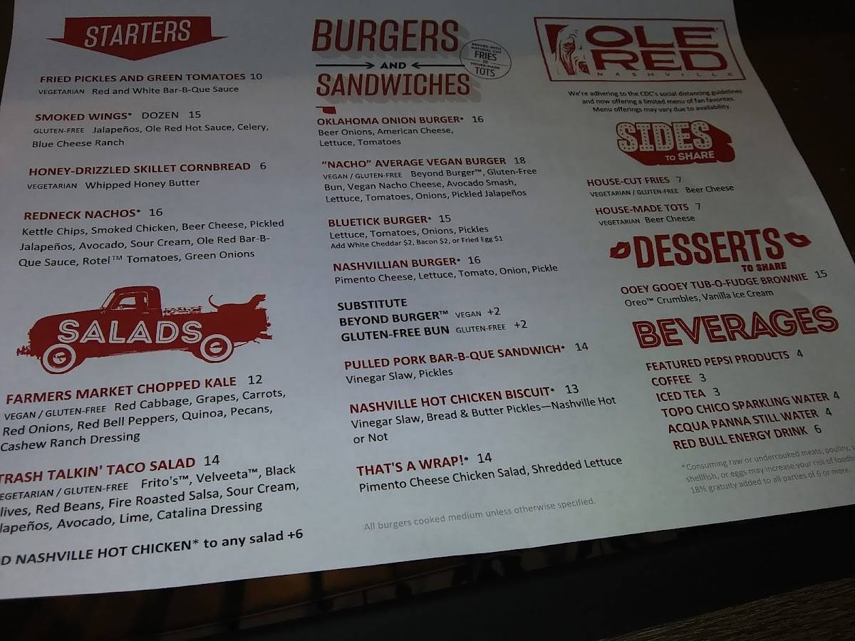Menu at Ole Red pub & bar, Nashville, 300 Broadway
