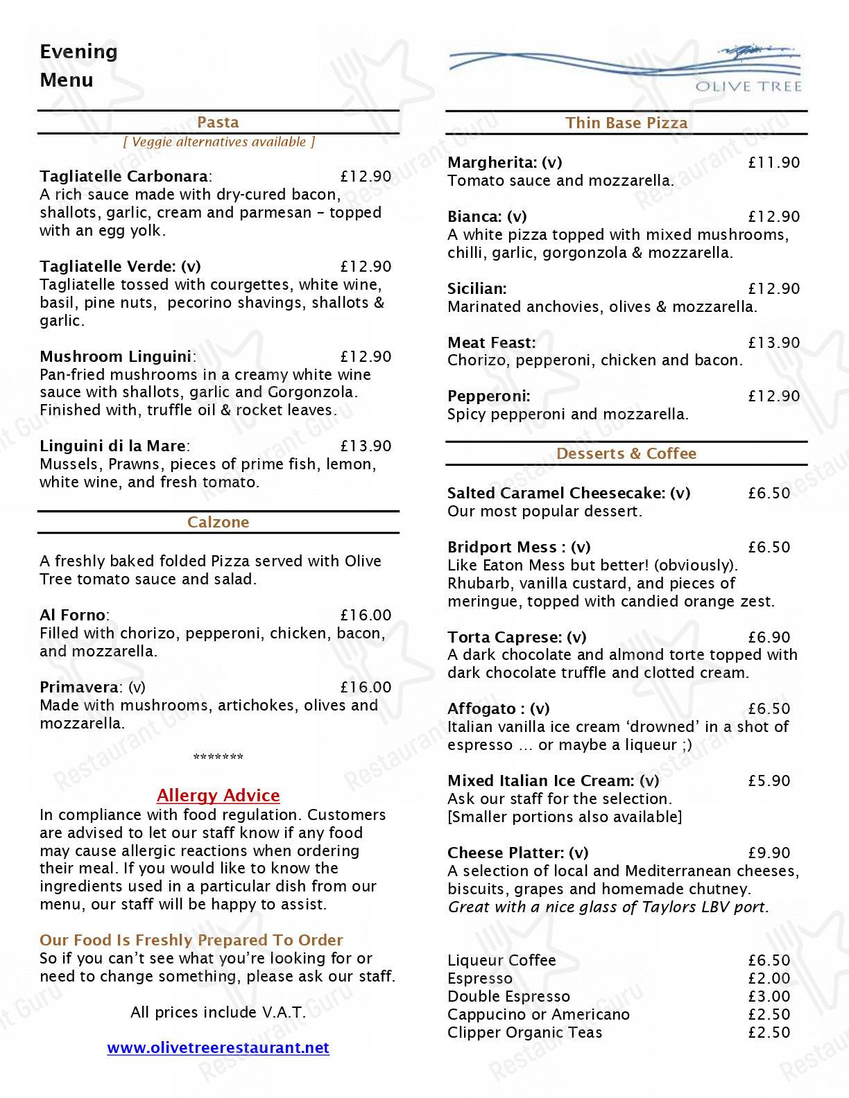 Menu at Olive Tree restaurant, Bridport