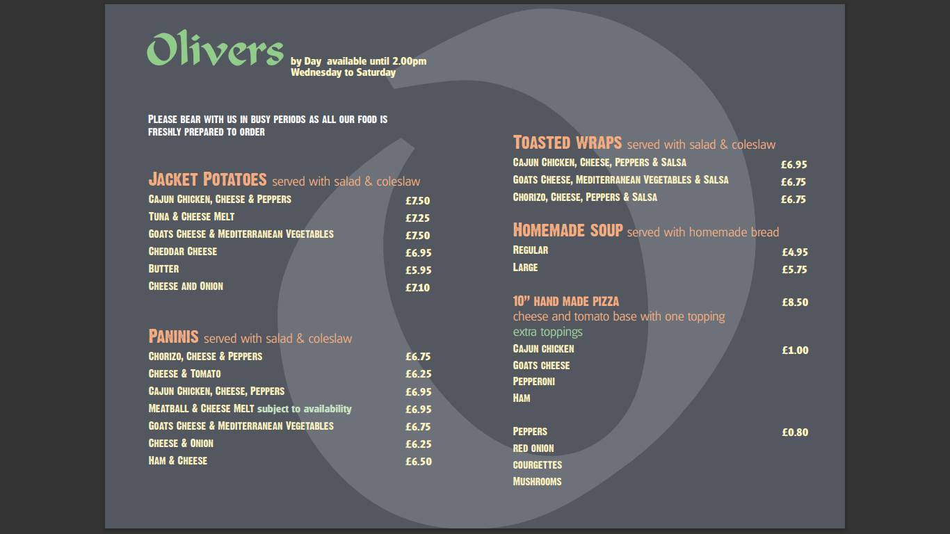 Menu at Oliver's restaurant, Lytham Saint Annes