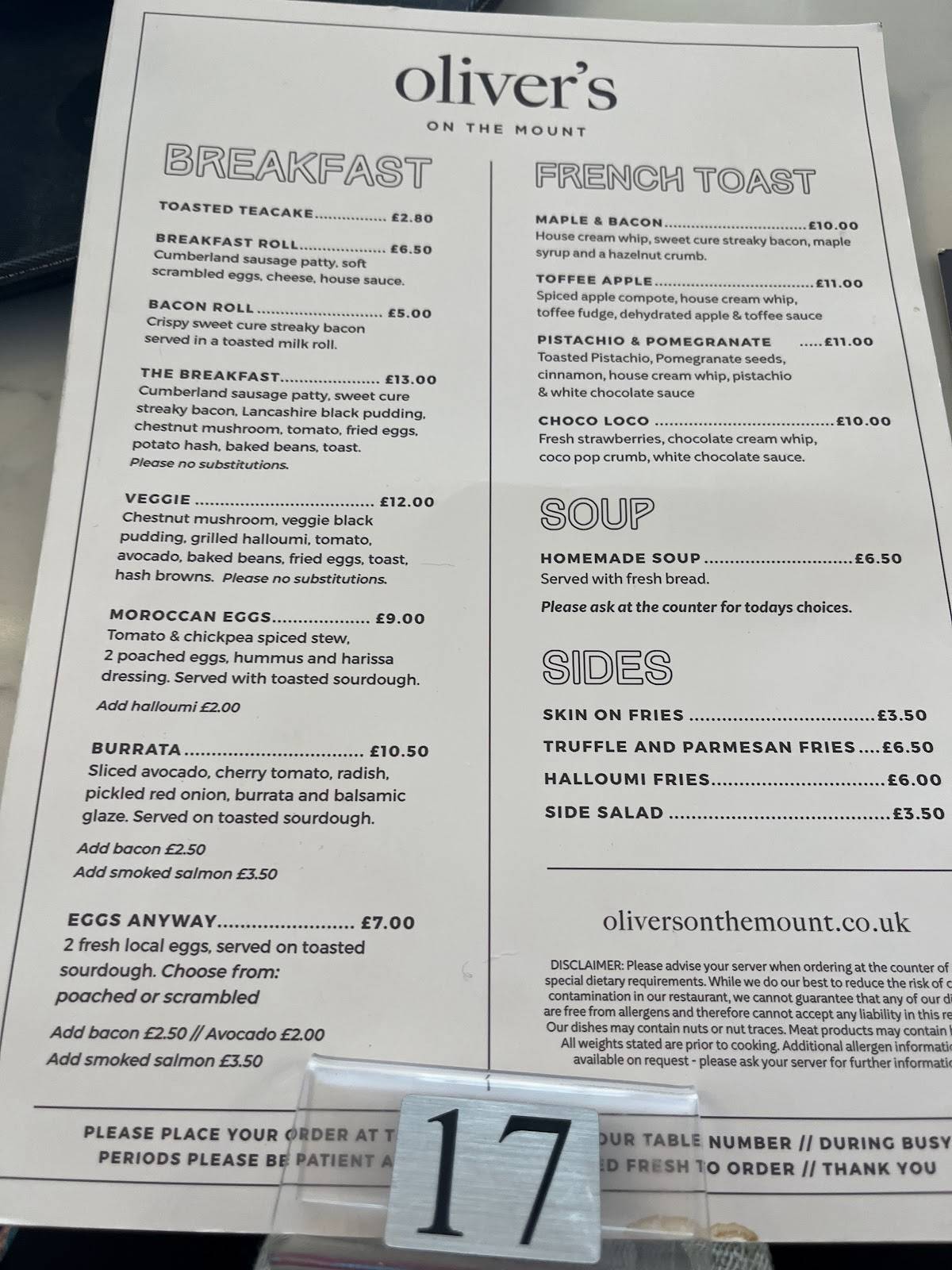 Menu at Olivers on the Mount restaurant, Scarborough, Olivers Mt