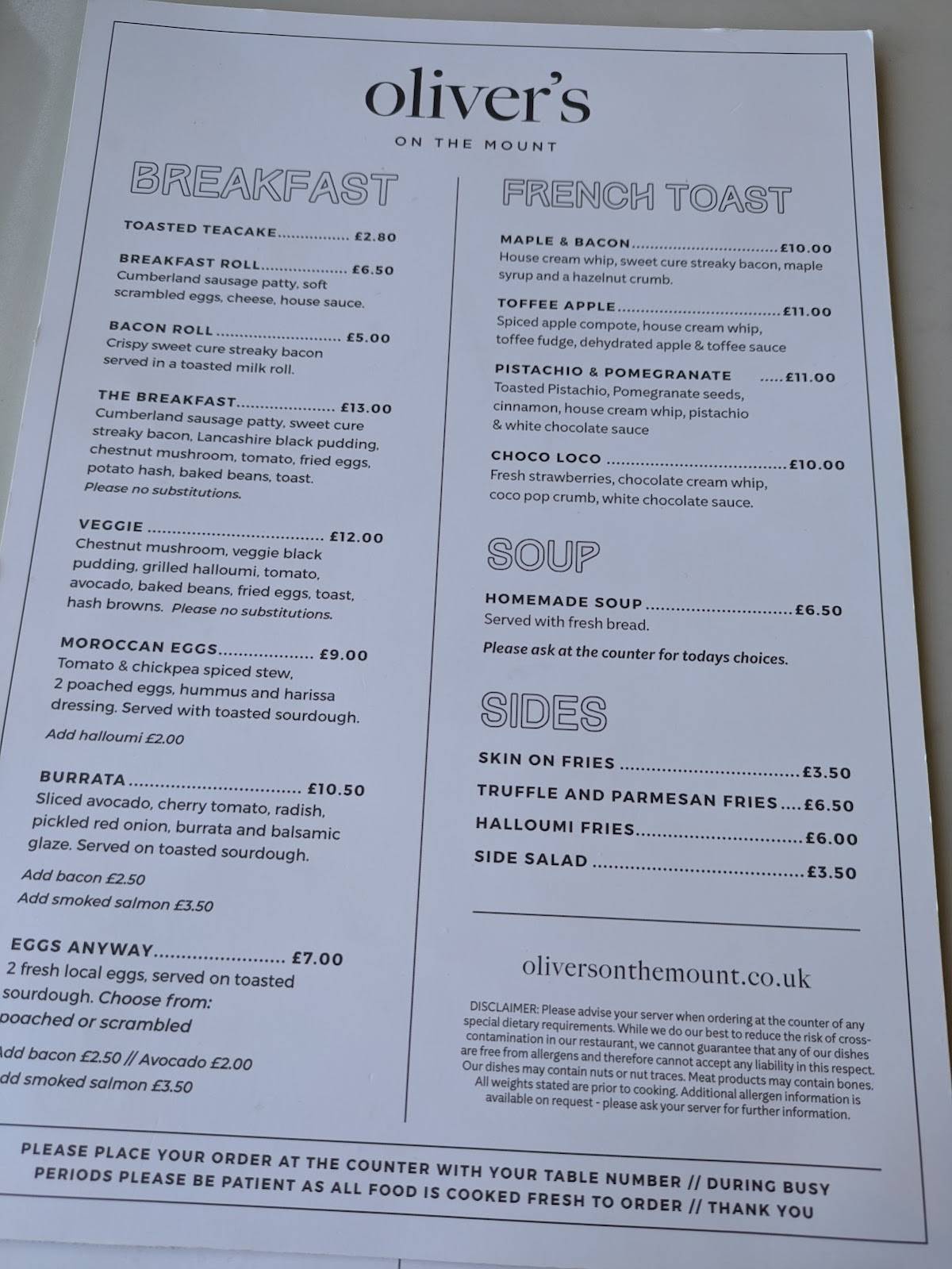 Menu at Olivers on the Mount restaurant, Scarborough, Olivers Mt