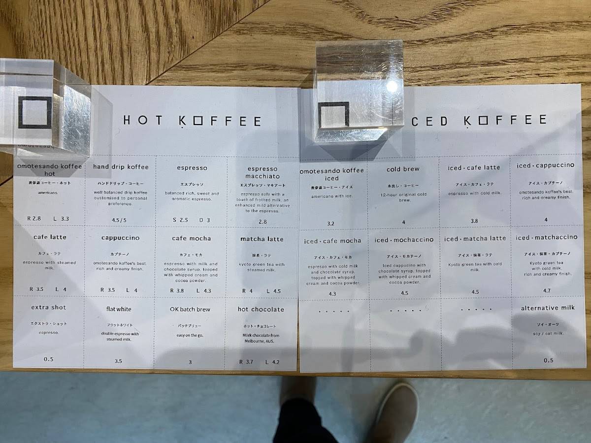Menu at Omotesando Koffee cafe, London, 8 Newman St