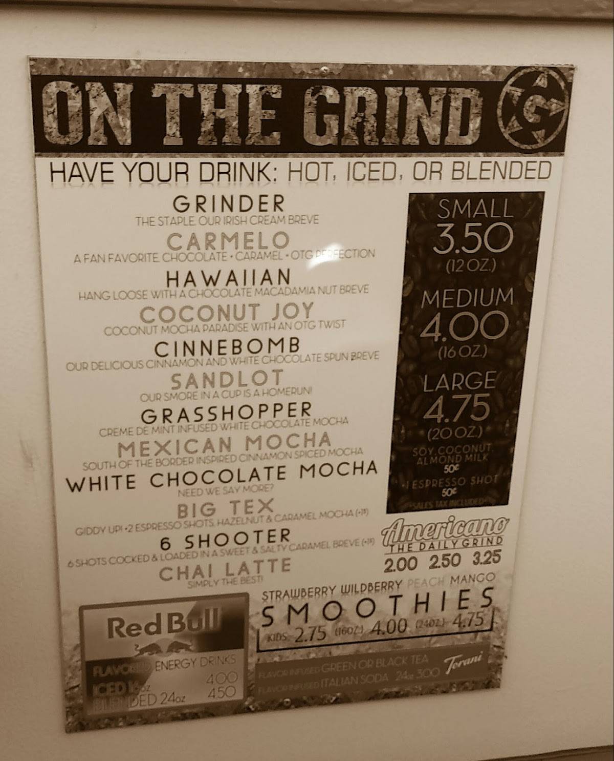 Carta del pub y bar On The Grind Coffee, New Braunfels, N Walnut Ave