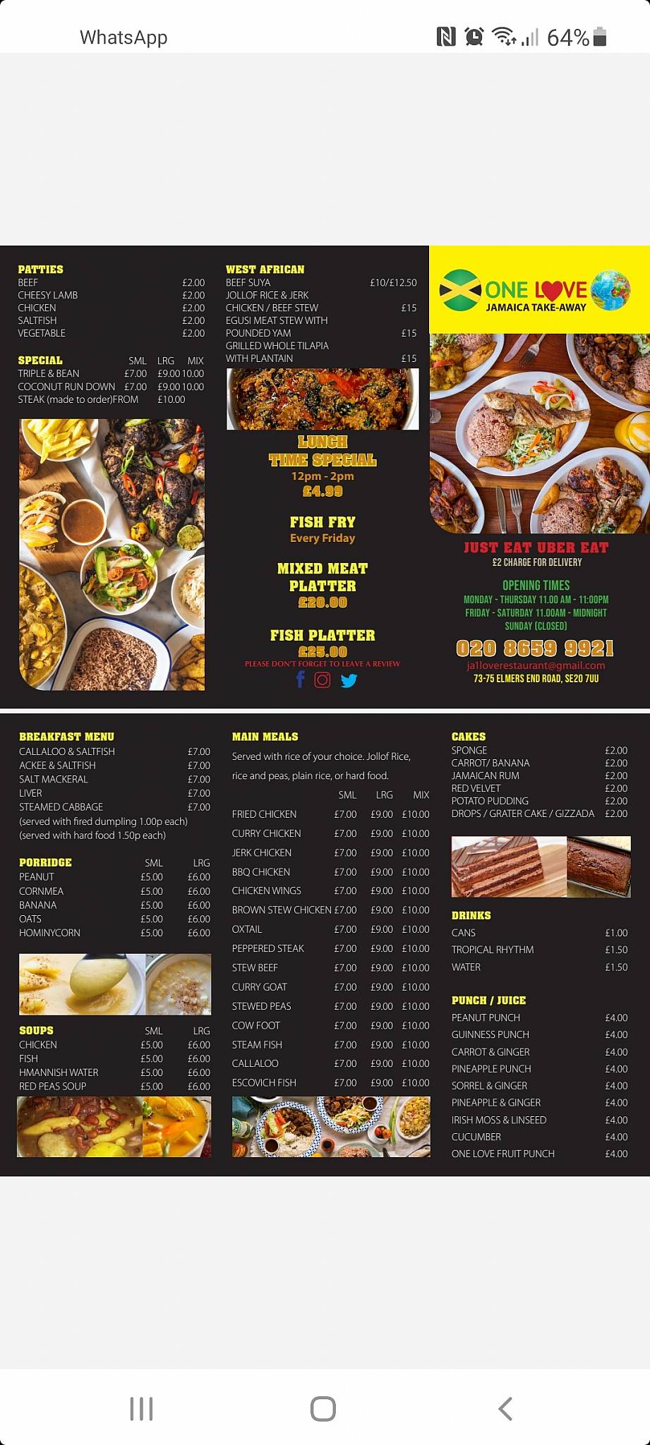 Menu at One Love Jamaica Take Away restaurant, Beckenham