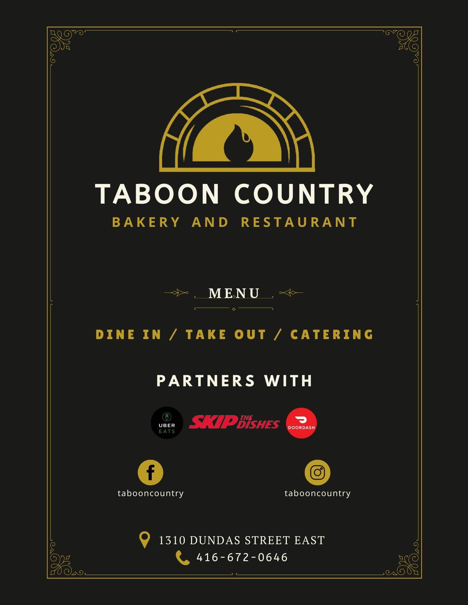 Menu at Taboon Country, Mississauga