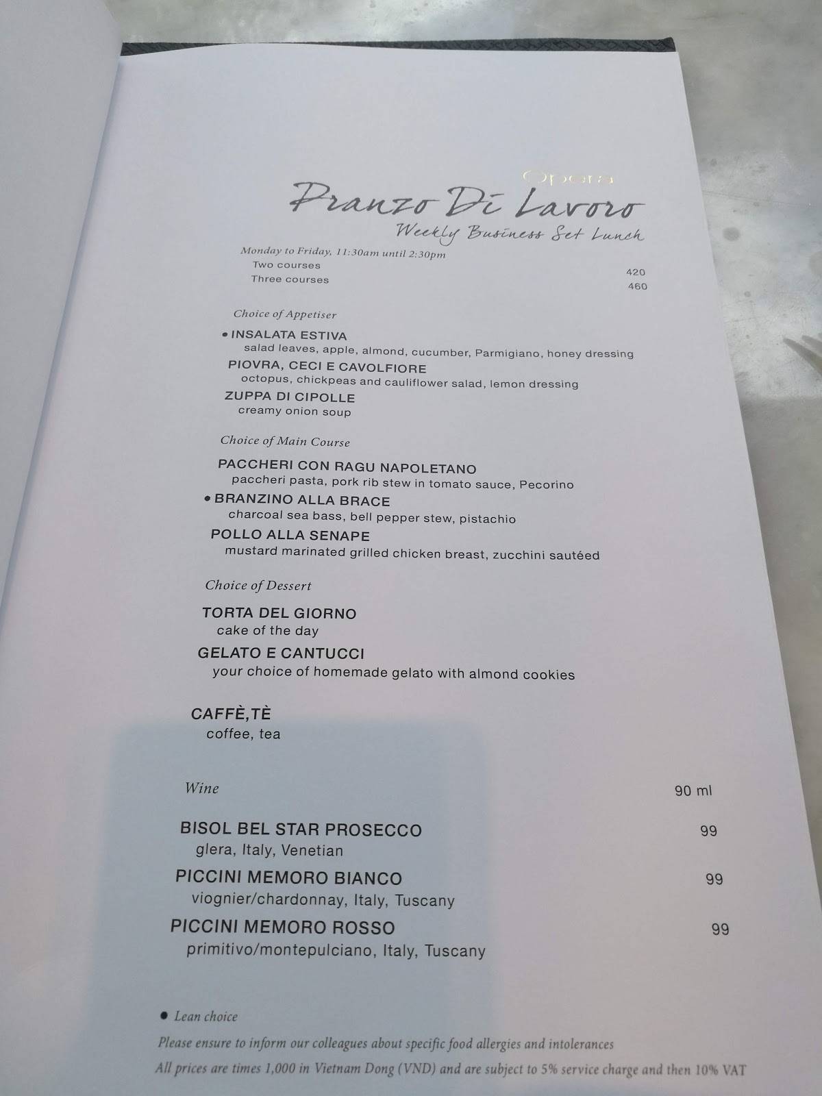 Menu at Opera restaurant, Ho Chi Minh City
