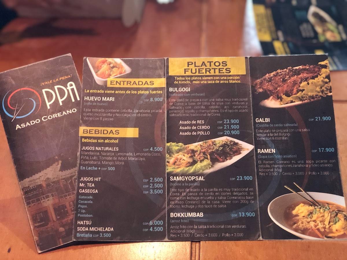 Menu at Oppa Asado - Asado Coreano (Korean BBQ restaurant), Medellín ...