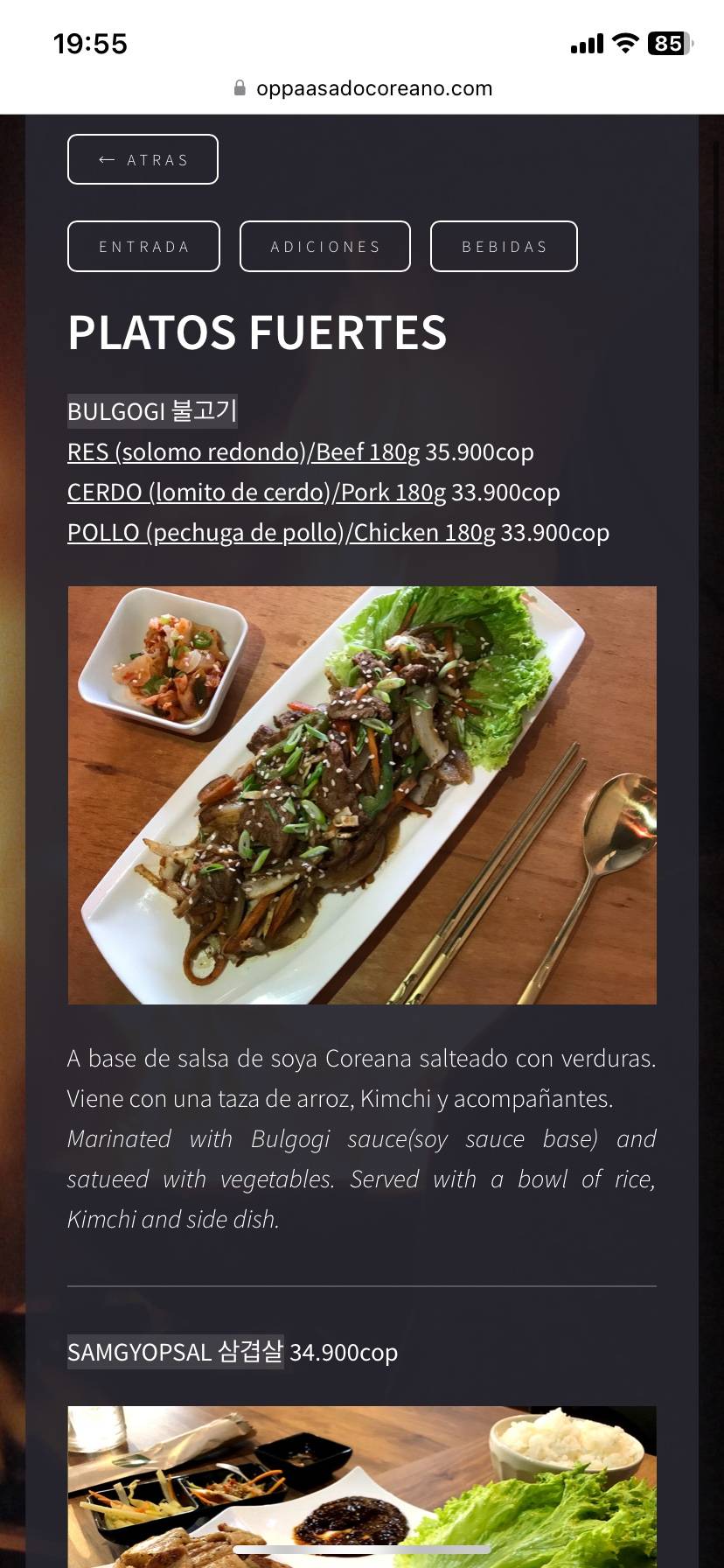 Menu at Oppa Asado - Asado Coreano (Korean BBQ restaurant), Medellín ...