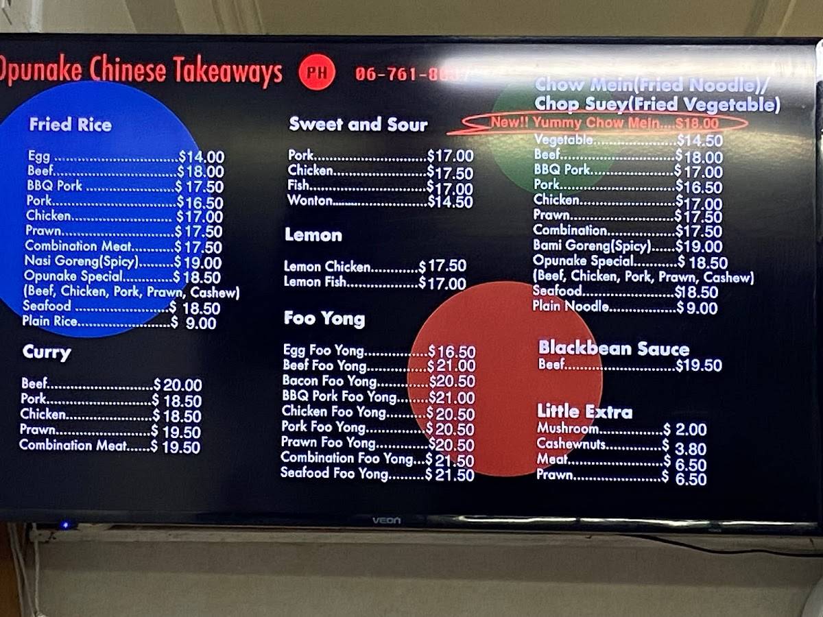 Menu at Opunake Chinese Takeaways restaurant, Opunake