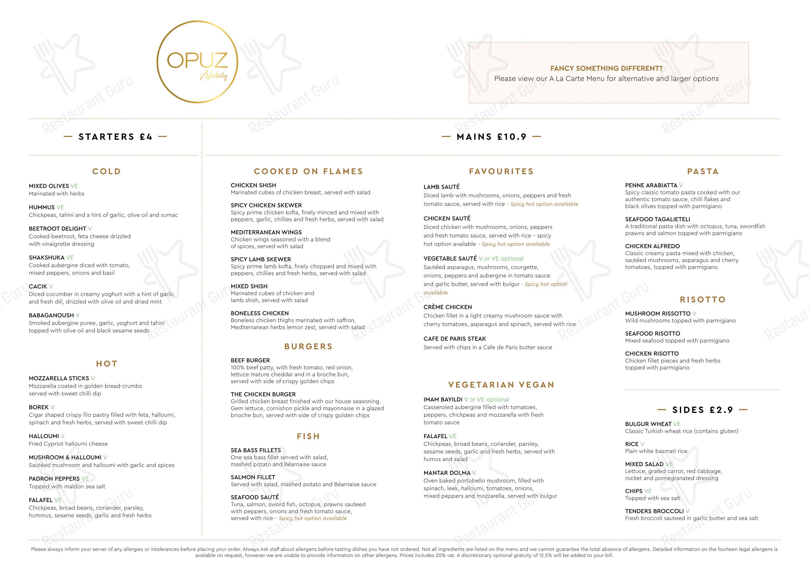 Menu at Opuz Aylesbury pub & bar, Aylesbury
