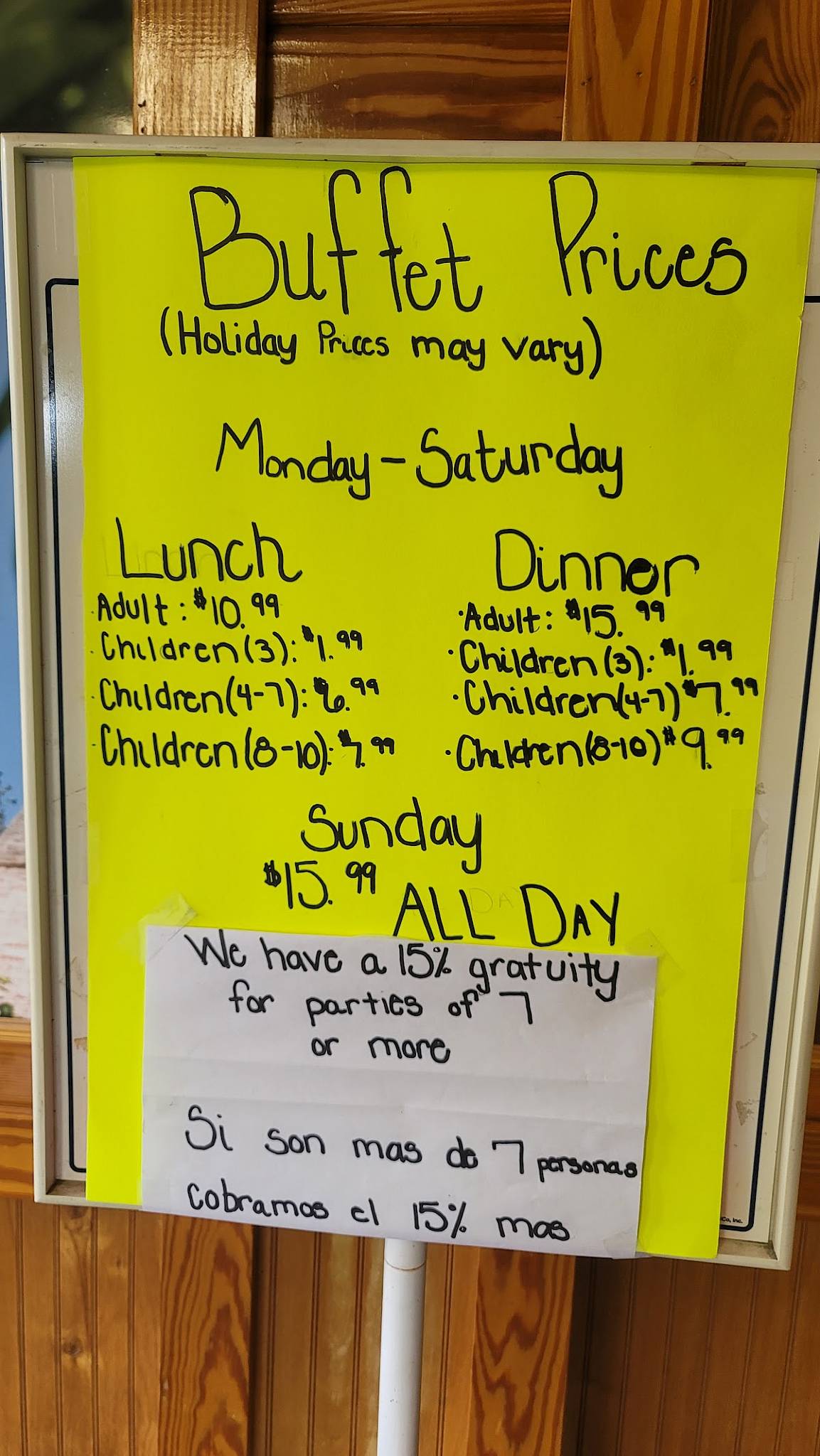 Menu at Orange Buffet restaurant, Orange Park