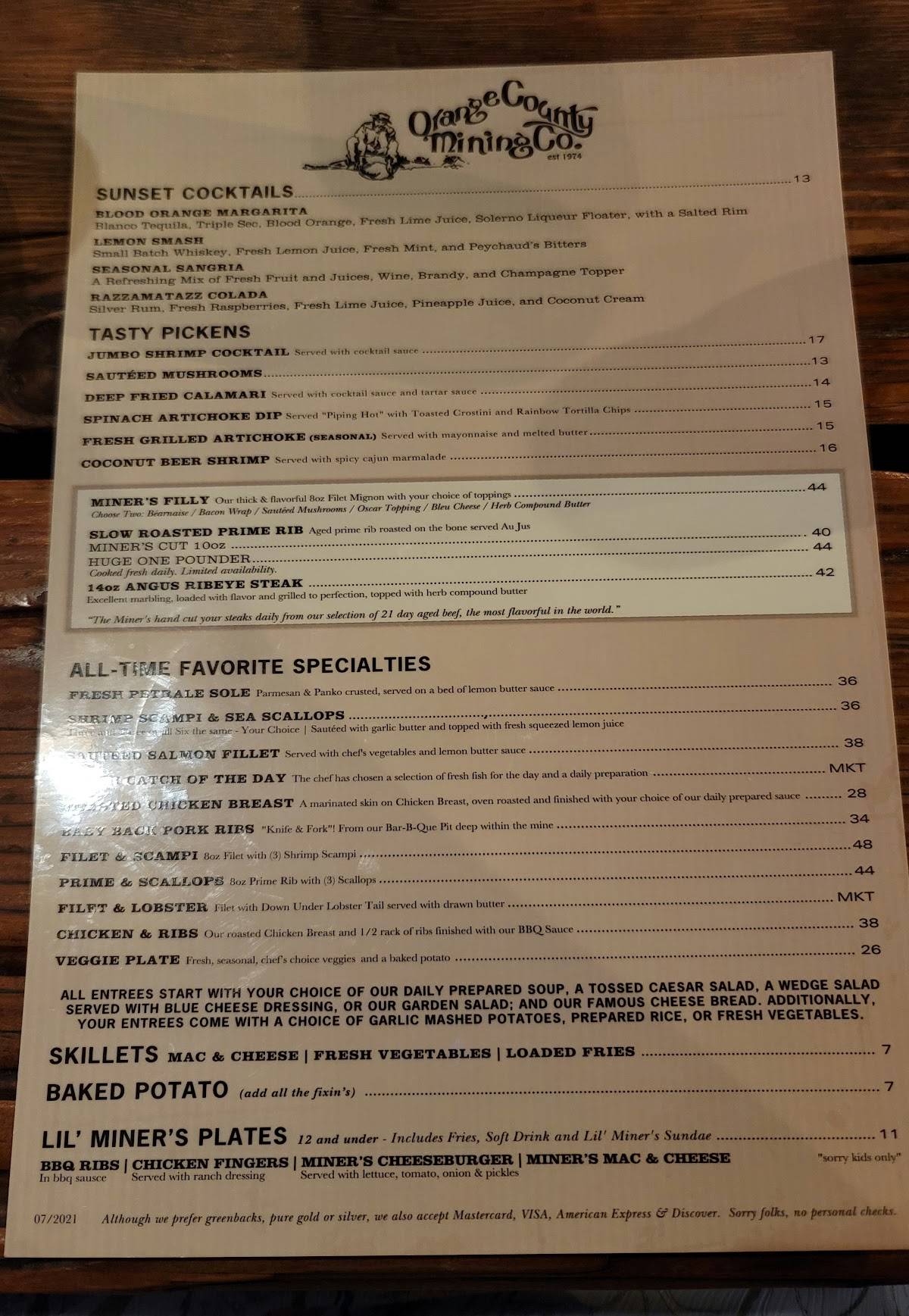 Menu at Orange County Mining Co pub & bar, Orange