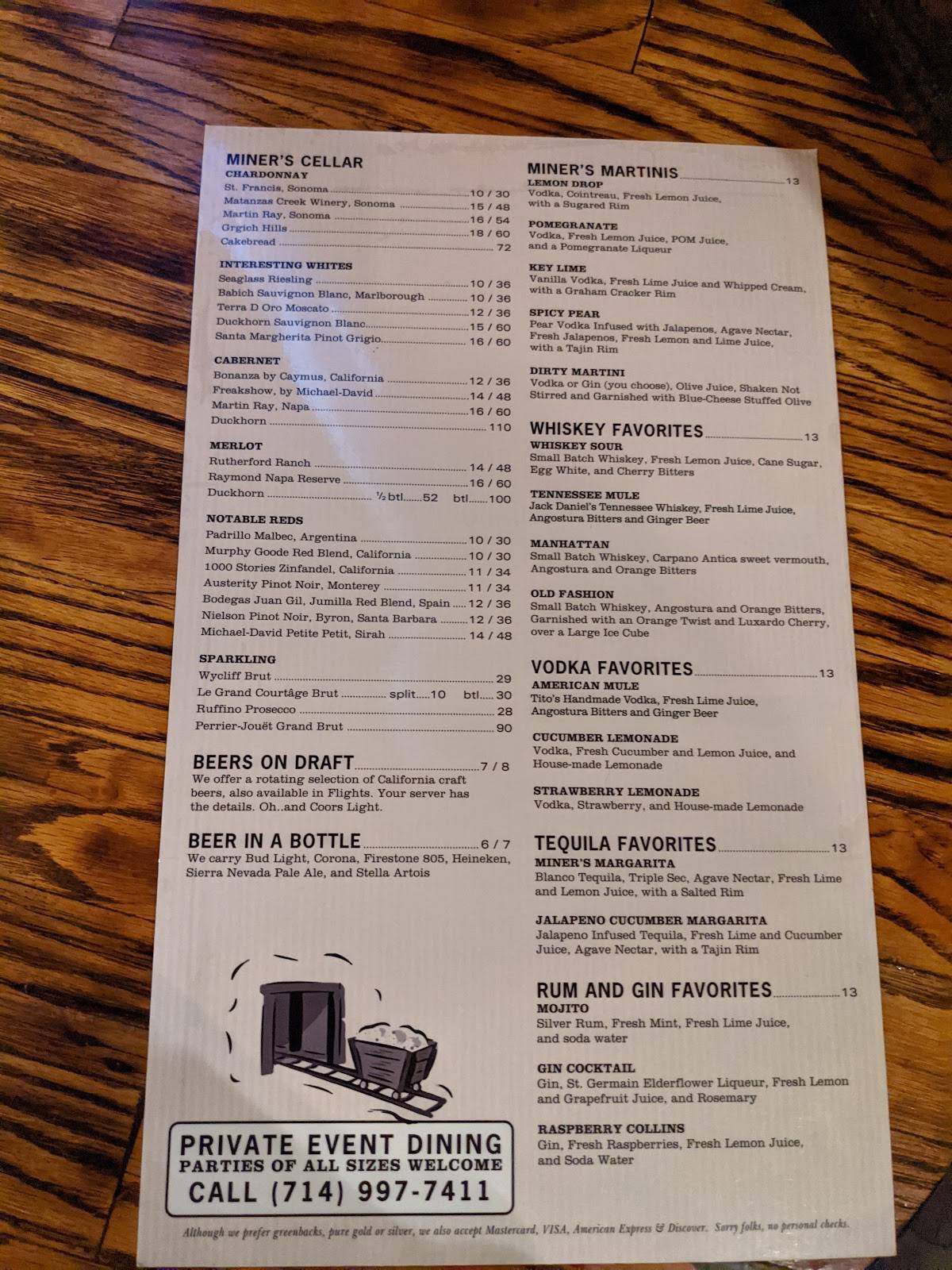 Menu at Orange County Mining Co pub & bar, Orange