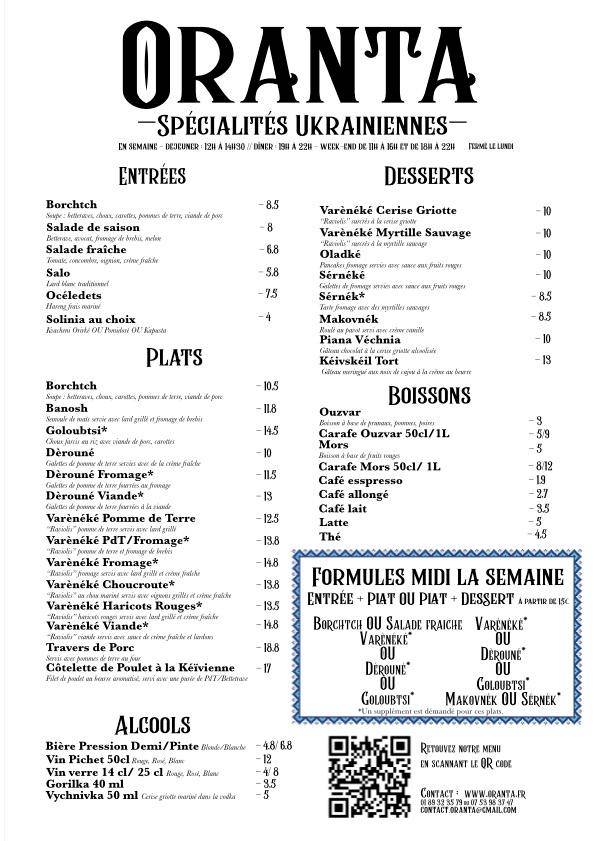 Menu at Oranta restaurant, Paris