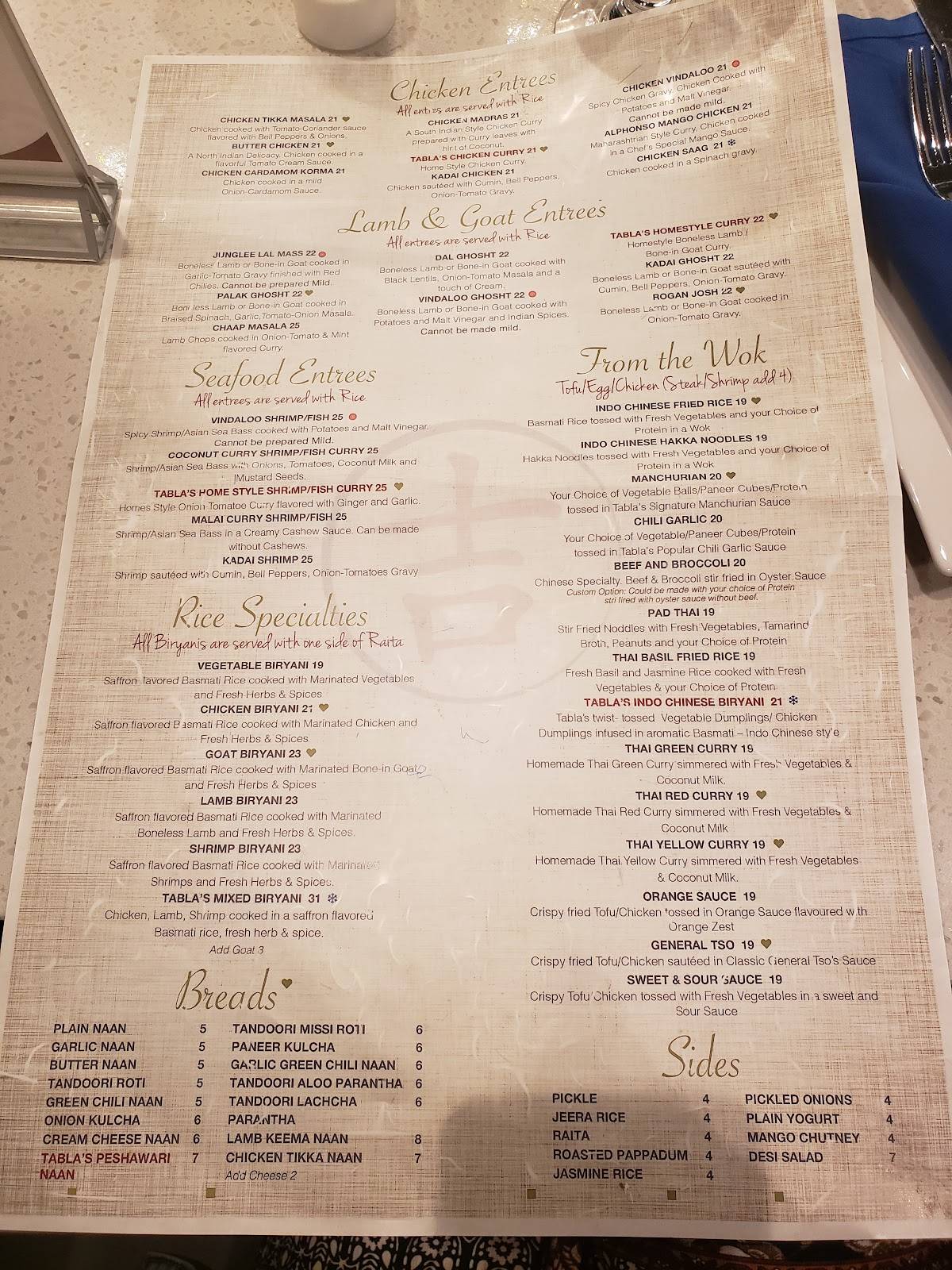 Menu at Tabla Indian Restaurant Lake Nona, Orlando, Tagore Pl Suite 9