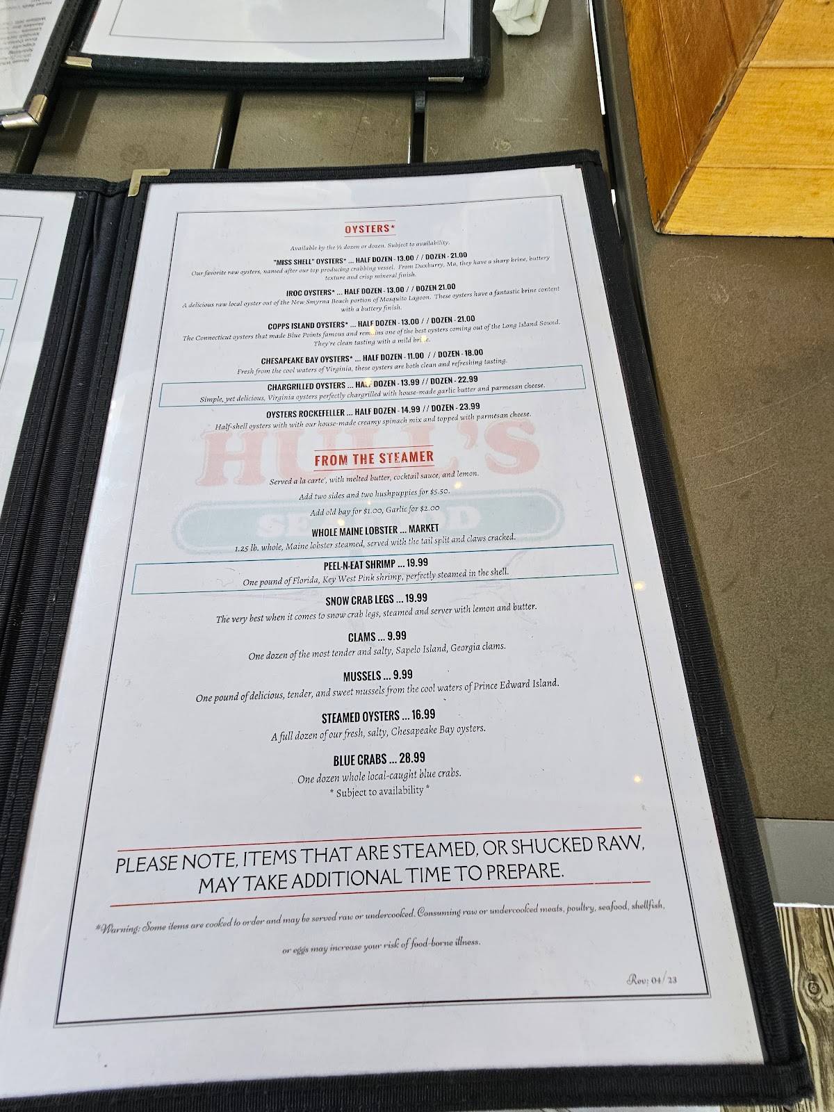 Menu at Hull's Seafood Restaurant, Ormond Beach, 111 W Granada Blvd
