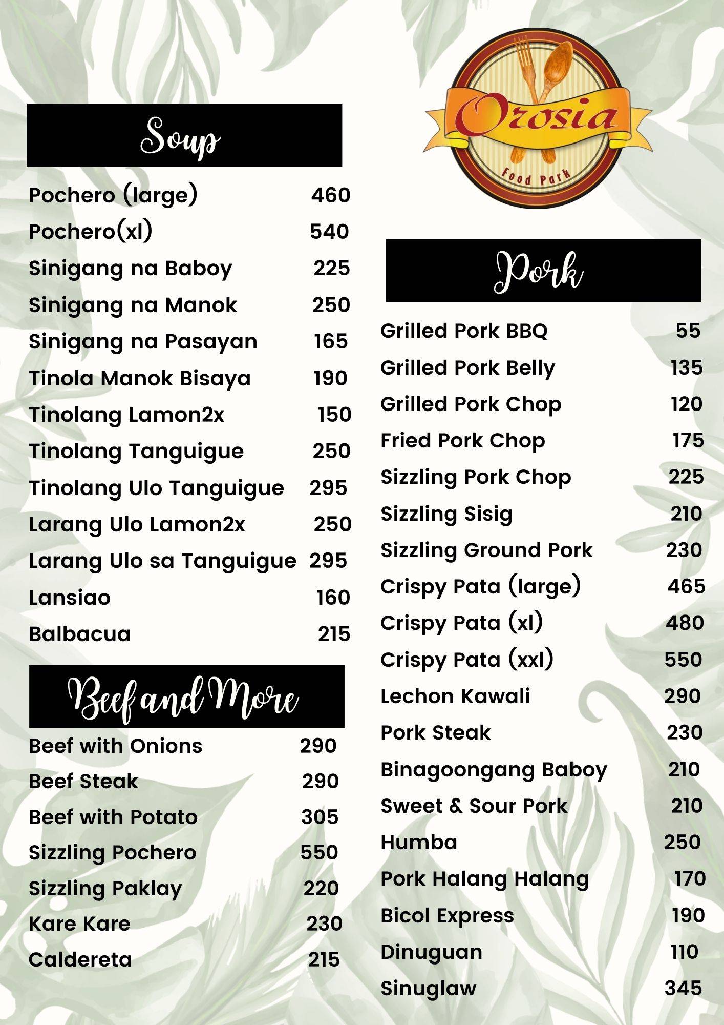 Menu at Orosia Food Park restaurant, Consolacion, 9XH7+C58