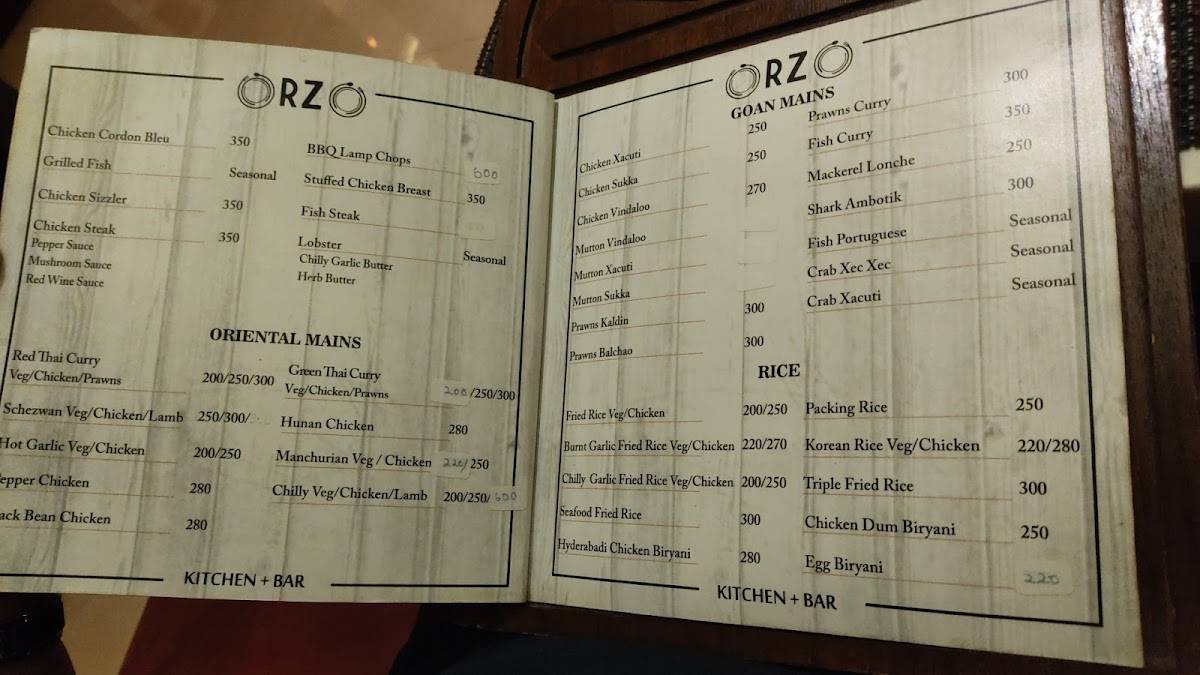 Menu at Orzo, Telaulim