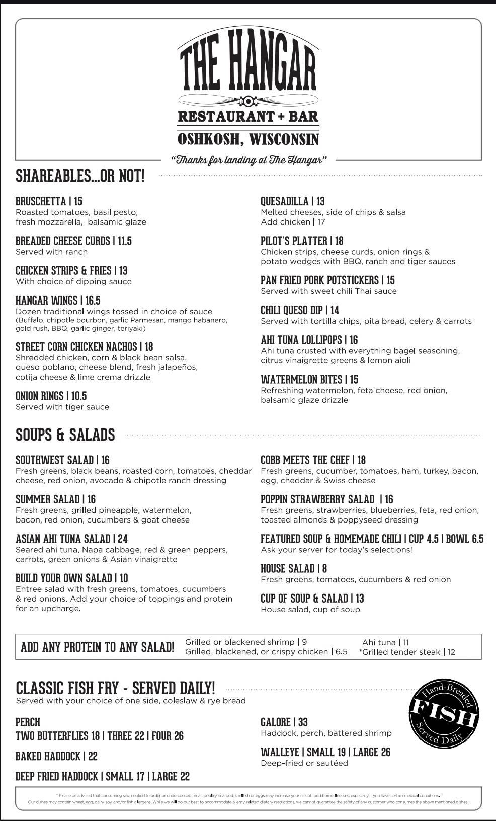 Menu at The Hangar Bar and Grill, Oshkosh