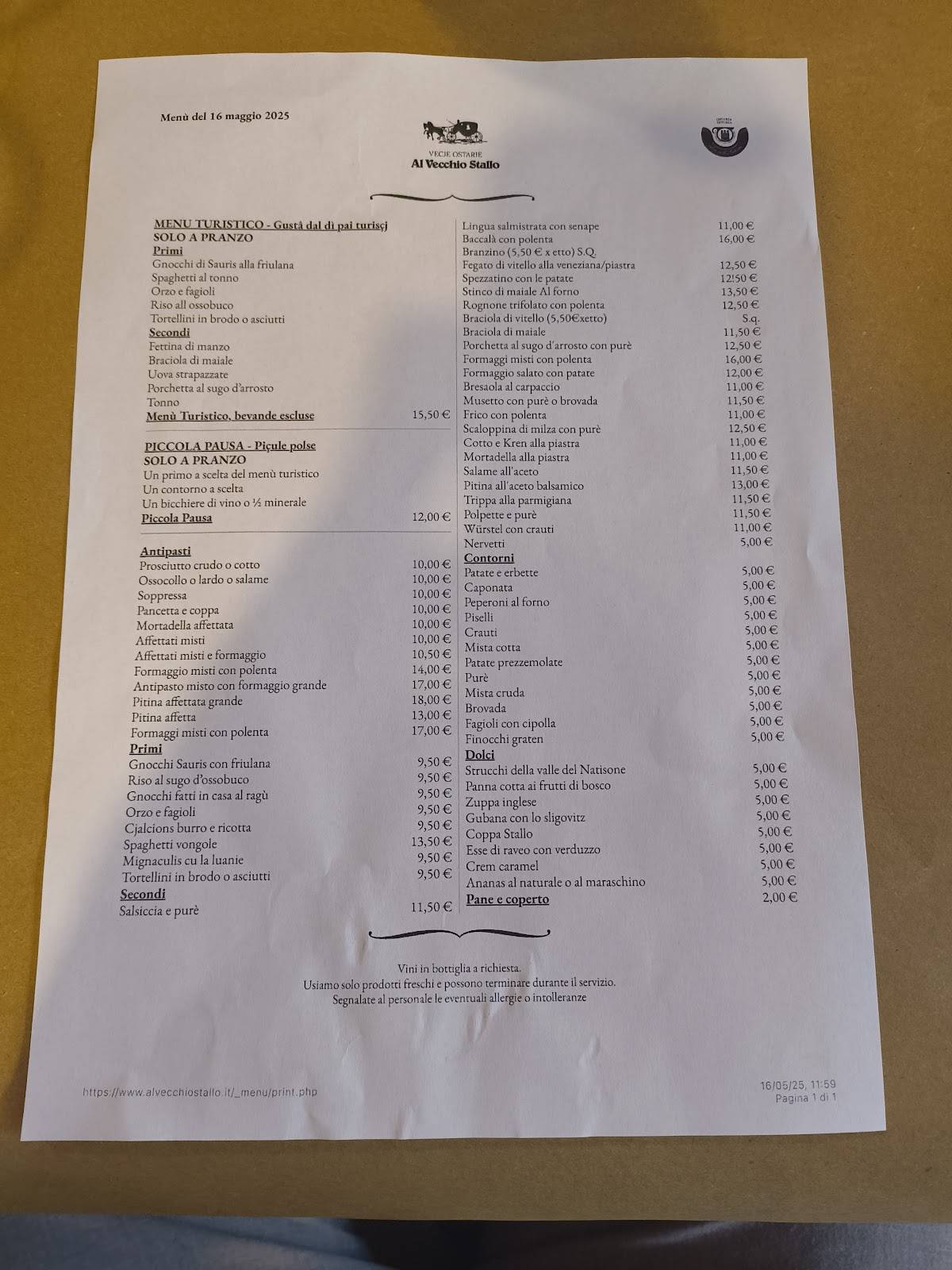 Menu da Osteria Al Vecchio Stallo pub & bar, Udine