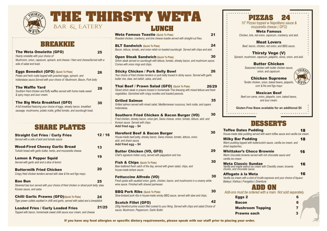 Menu at The Thirsty Weta Bar & Eatery, Otorohanga