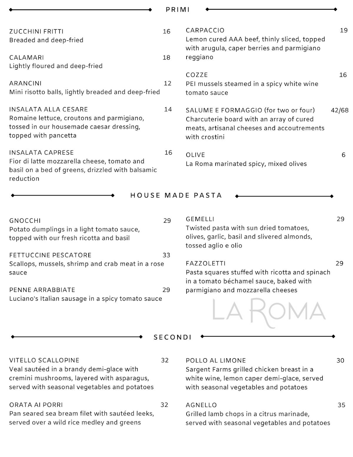 Menu au La Roma restaurant, Ottawa