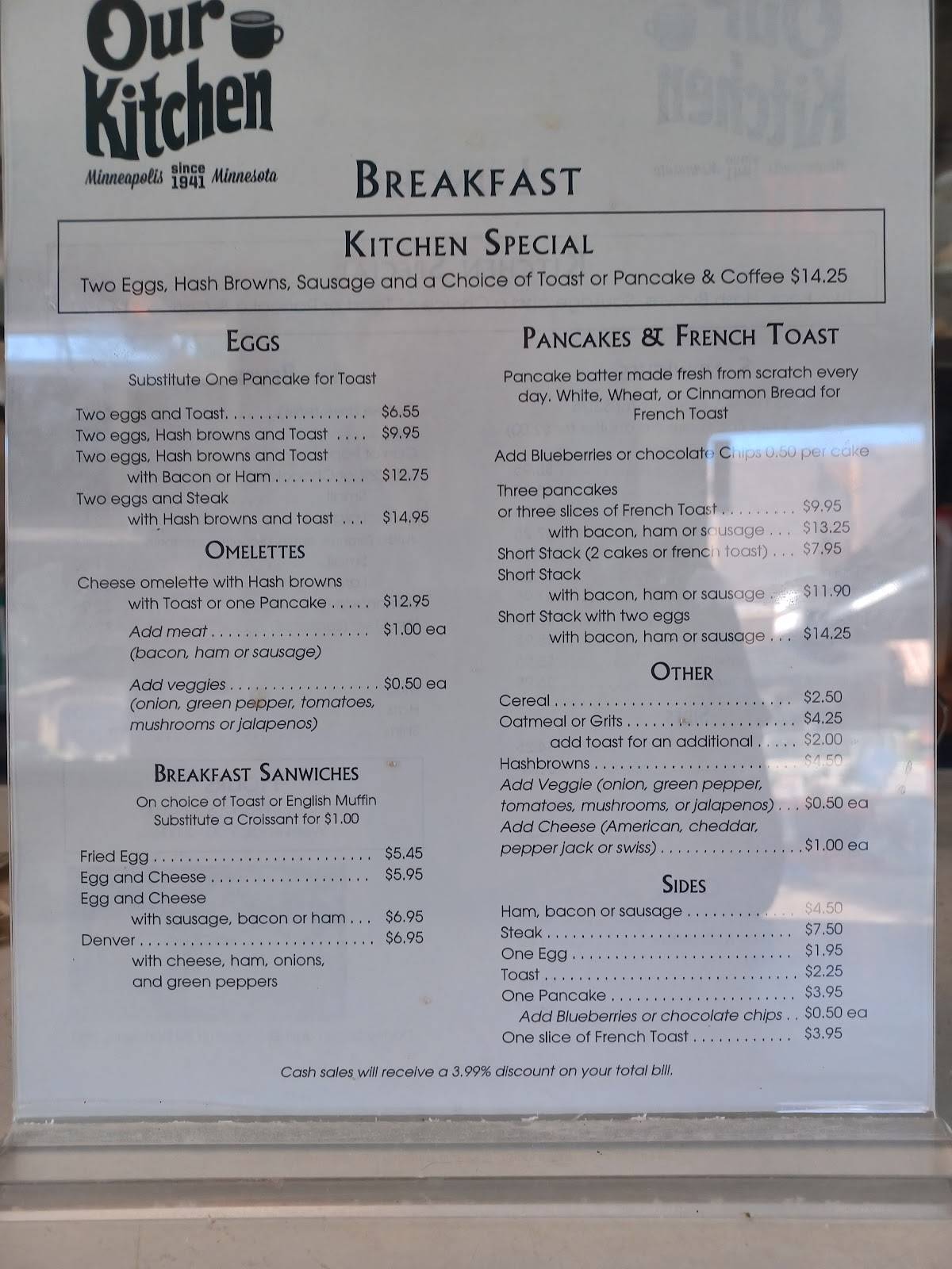 Menu at Our Kitchen restaurant, Minneapolis