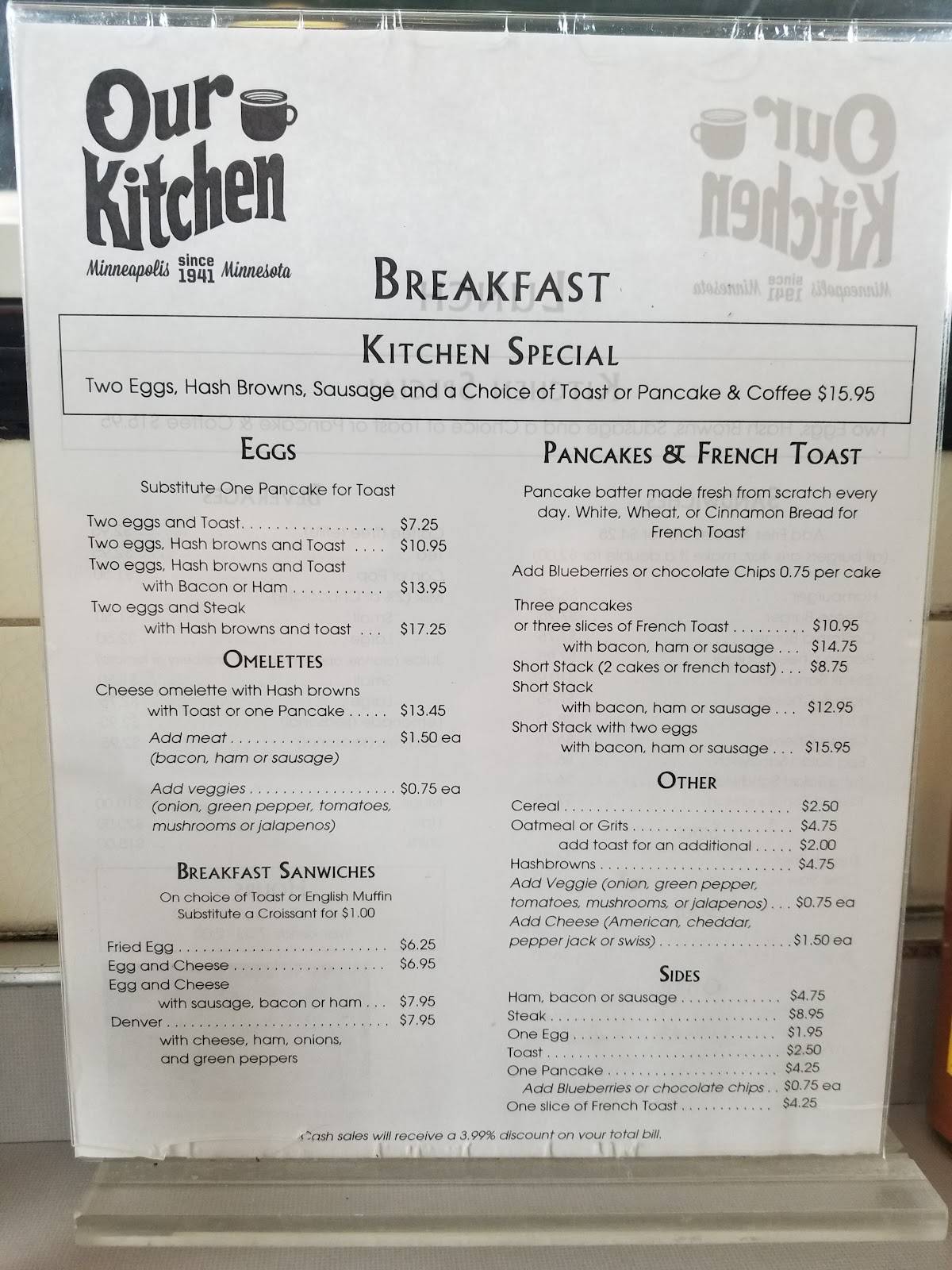 Menu at Our Kitchen restaurant, Minneapolis