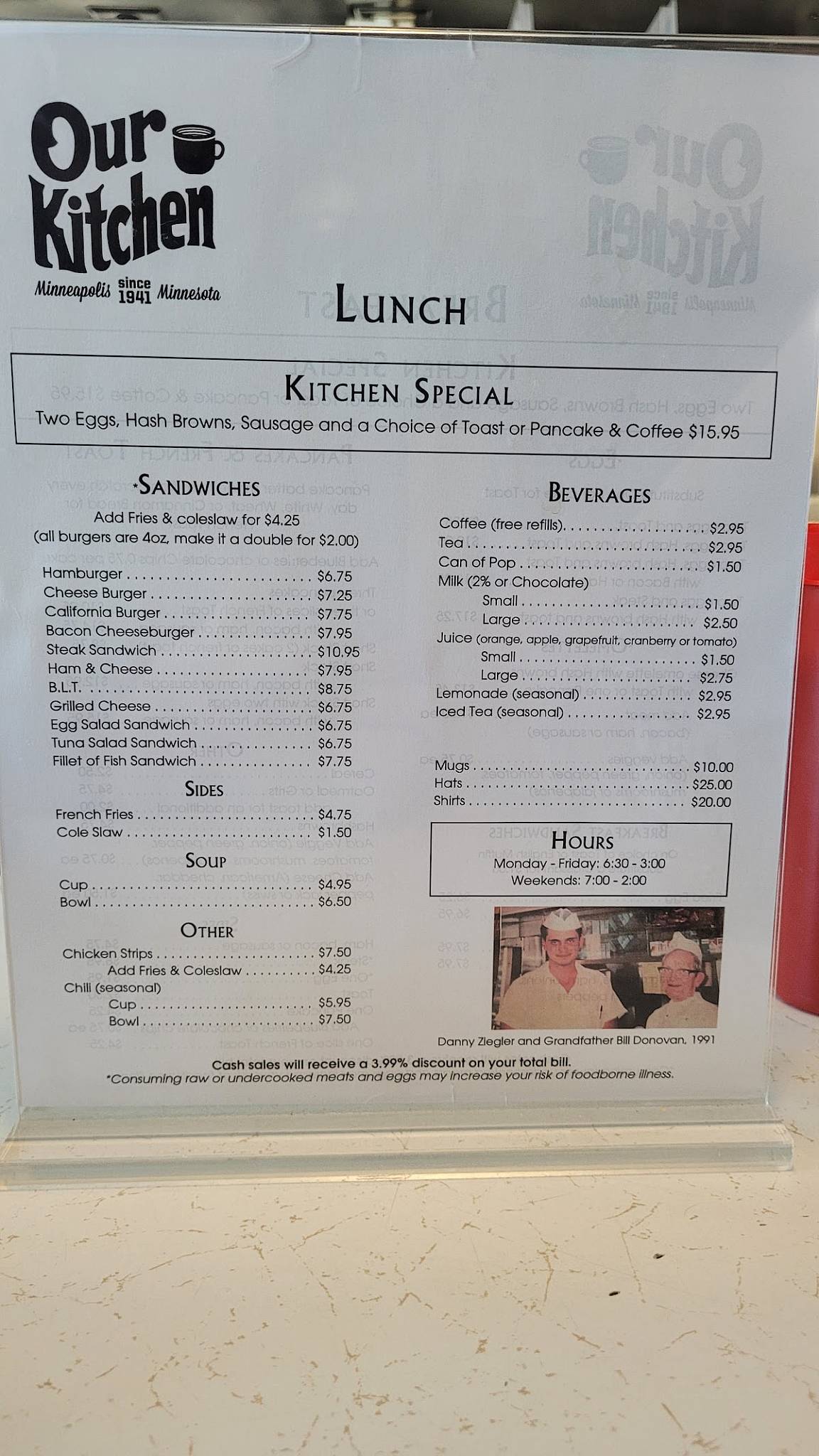 Menu at Our Kitchen restaurant, Minneapolis