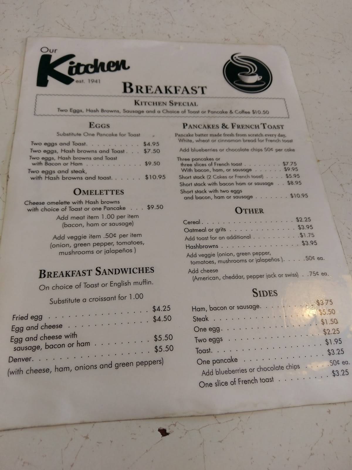 Menu at Our Kitchen restaurant, Minneapolis