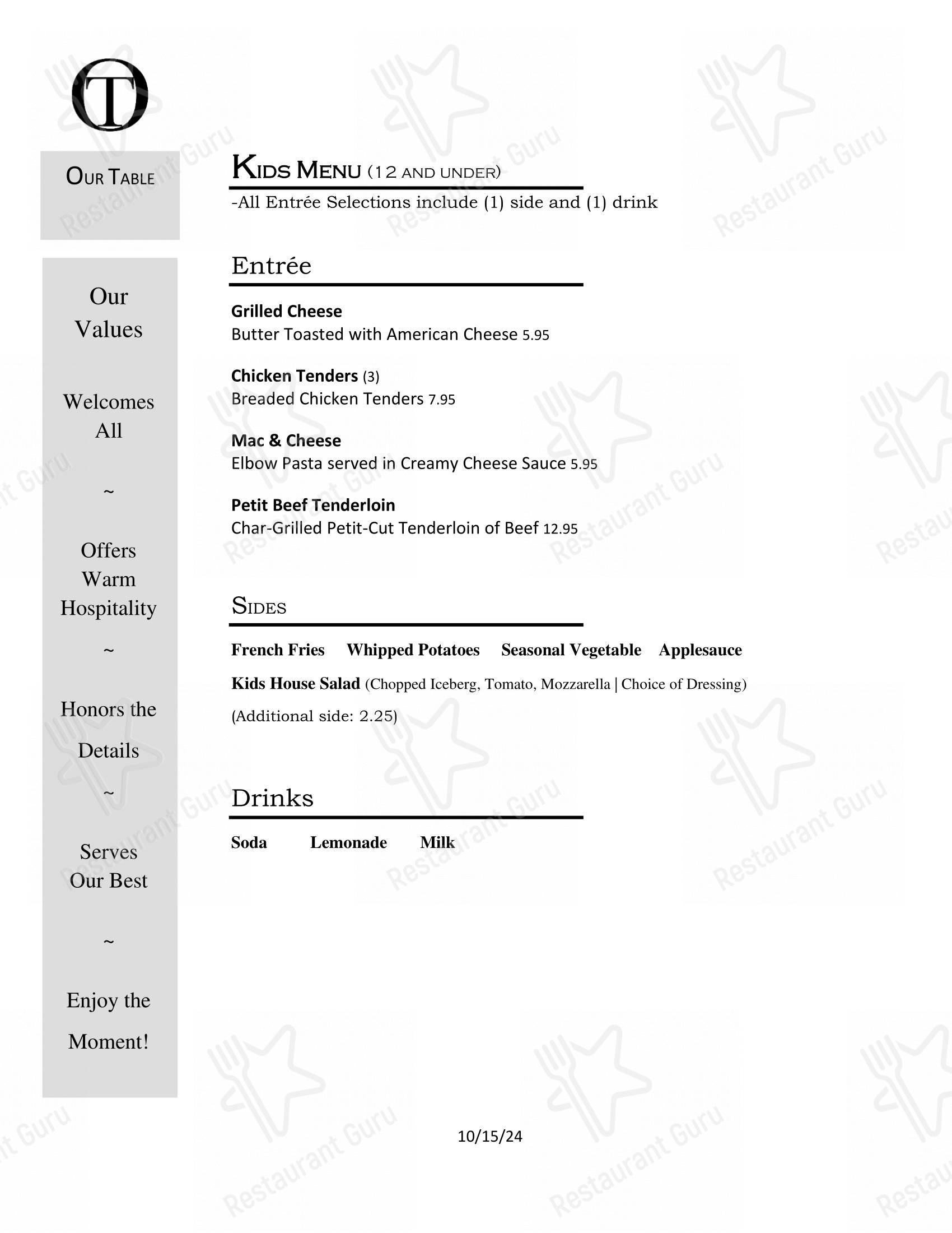 Menu at Our Table American Bistro restaurant, Bargersville