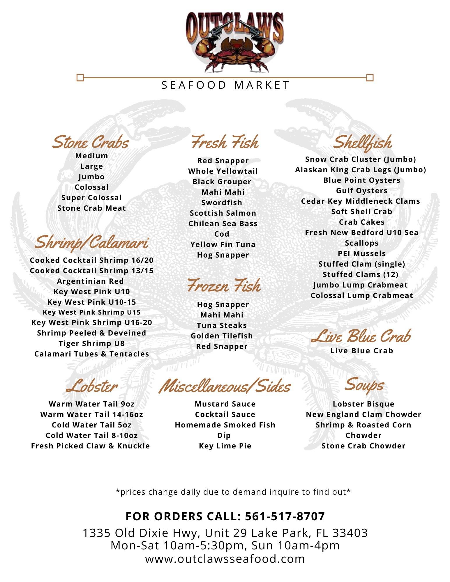Menu at Outclaws Seafood Restaurant & Market, Lake Park