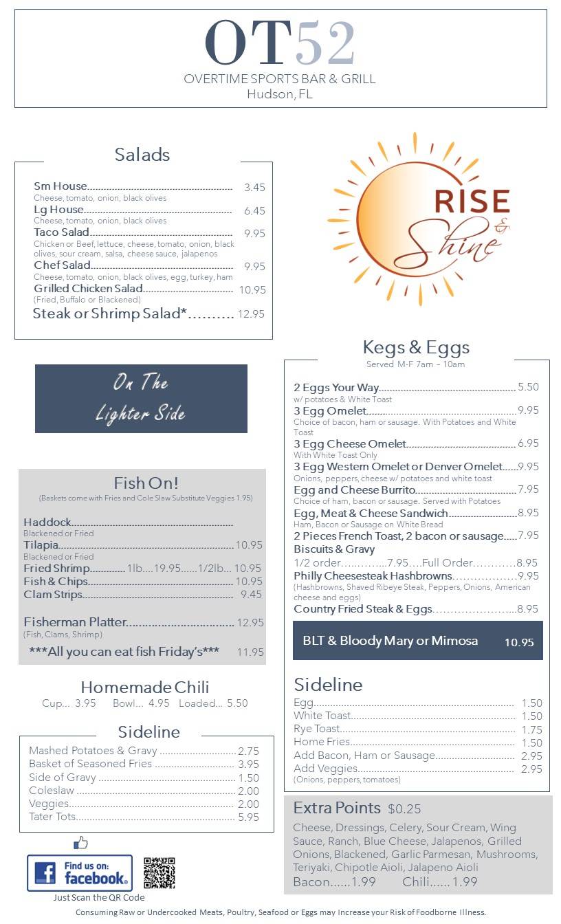 Menu at Overtime Sports Bar and Grill, Hudson, State Rd 52