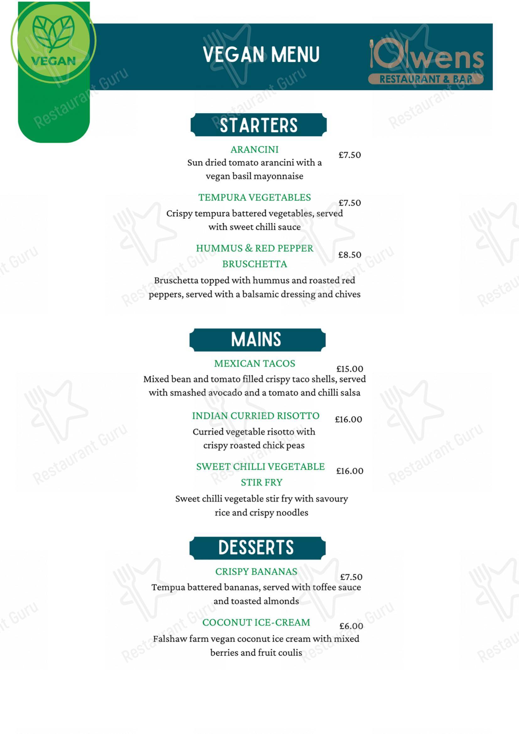 Menu at Owens restaurant, Bury