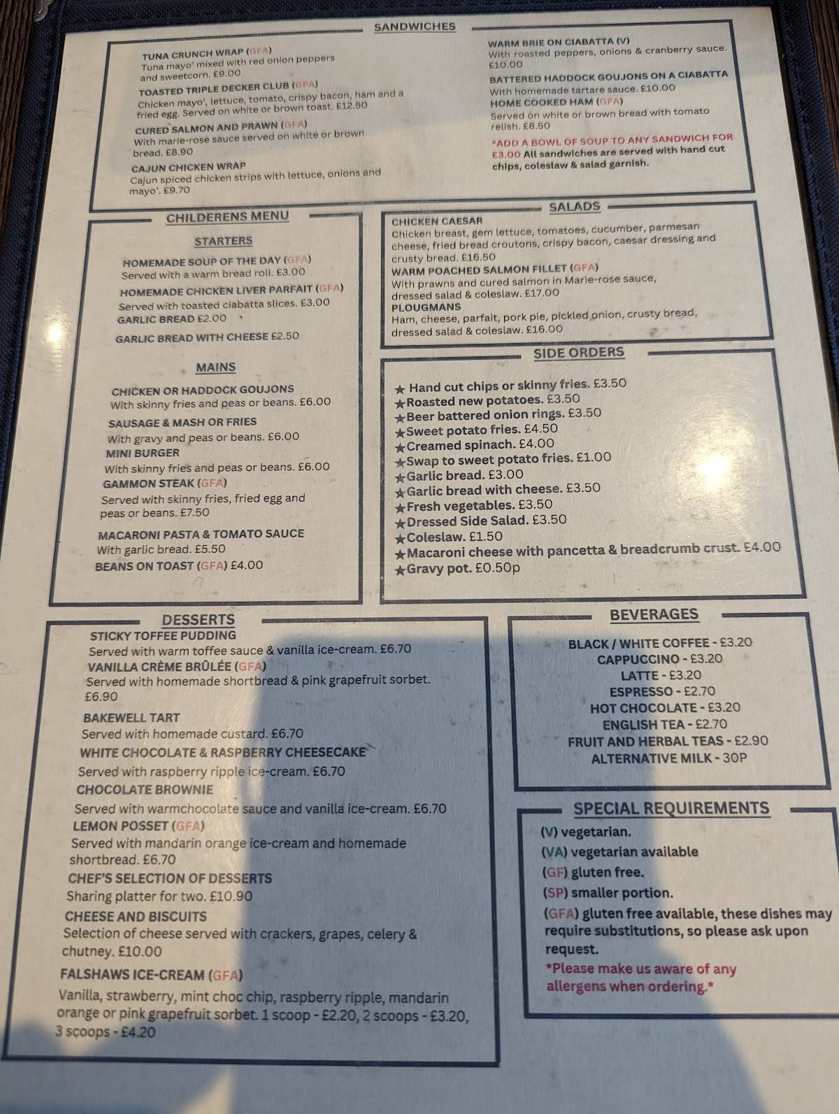 Menu at Owens restaurant, Ramsbottom