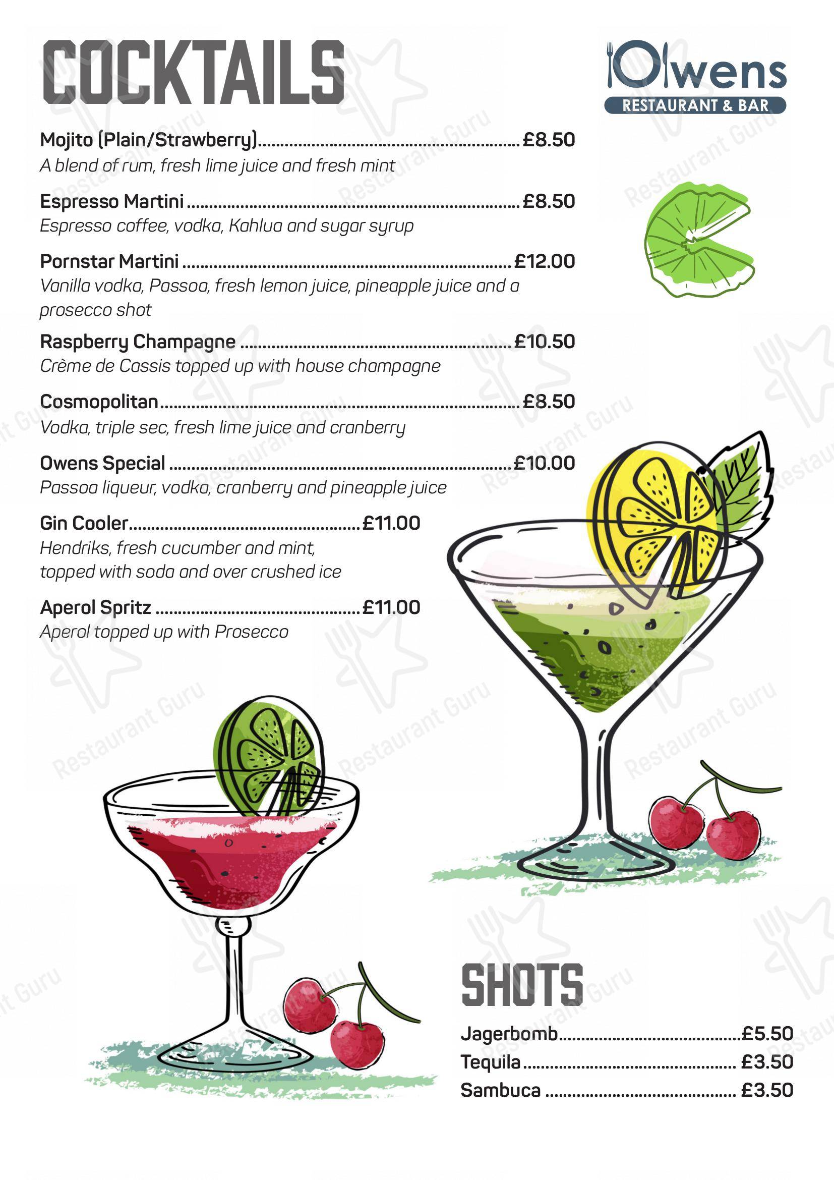 Menu at Owens restaurant, Ramsbottom